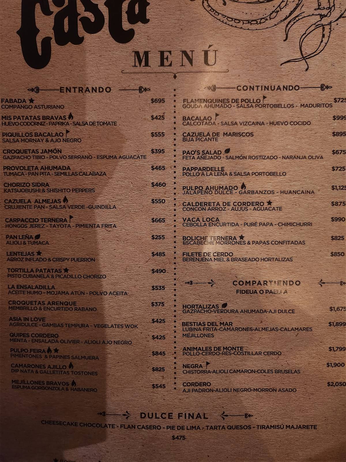Carta de La Casta Restaurante, Santo Domingo