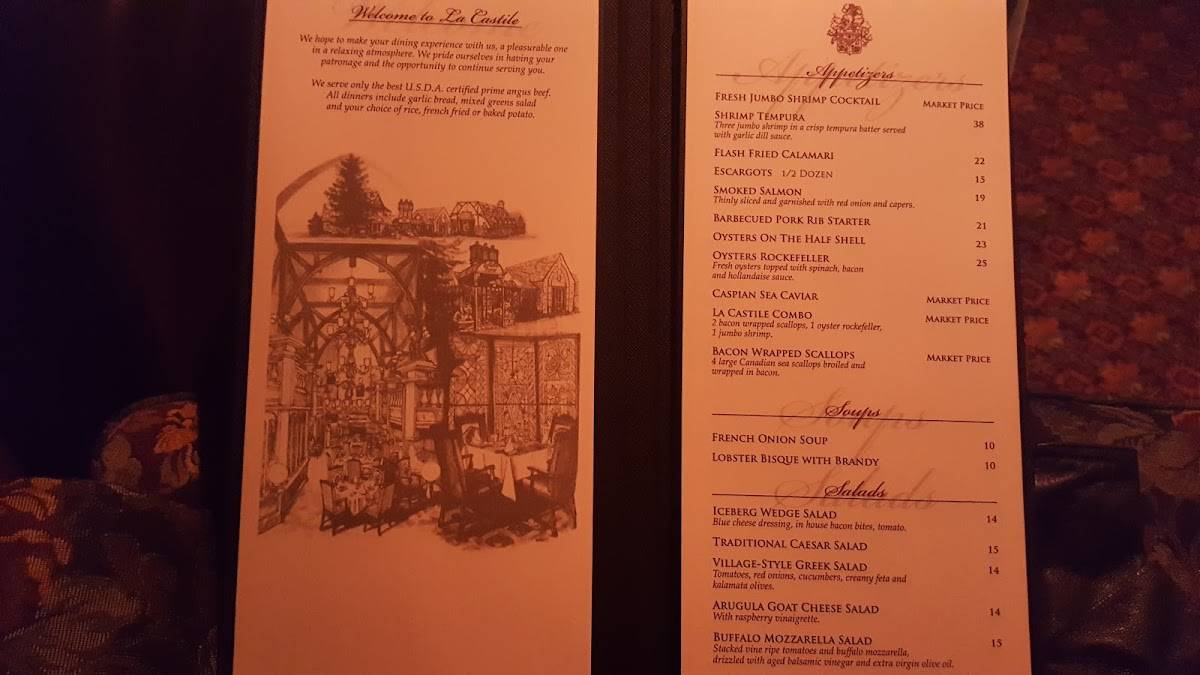 Menu at La Castile steakhouse, Mississauga