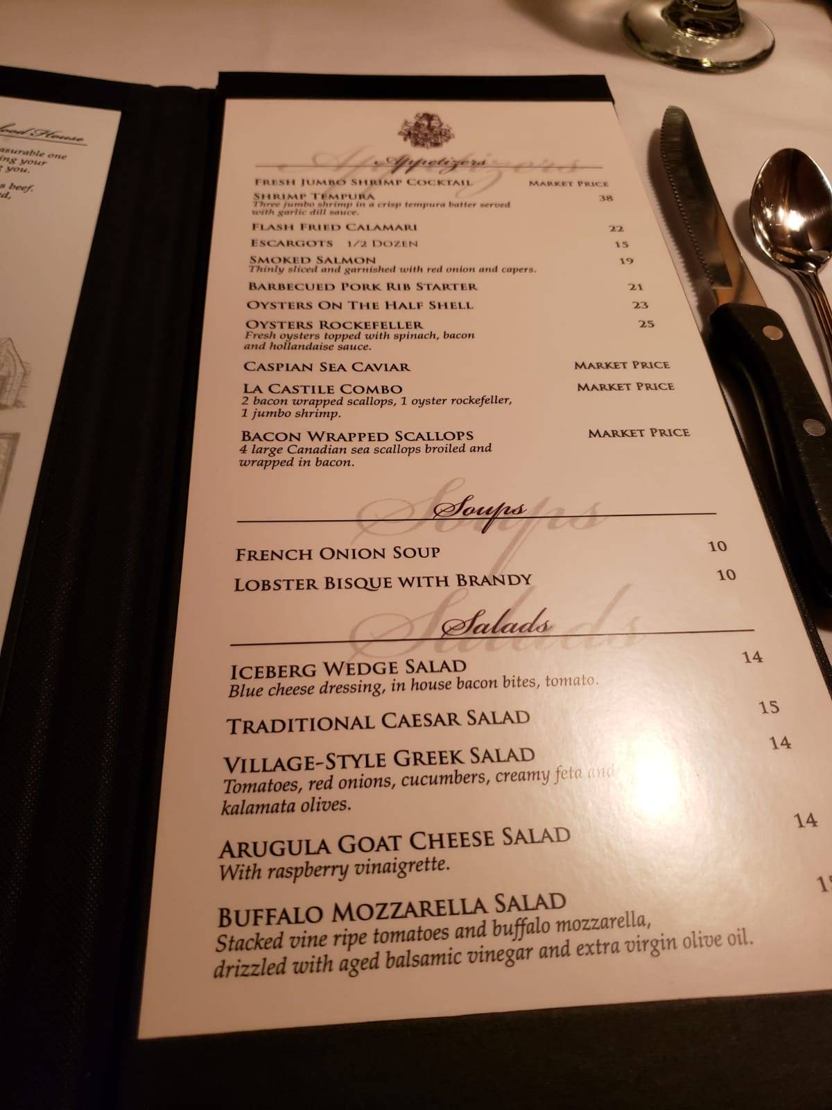 Menu at La Castile steakhouse, Mississauga