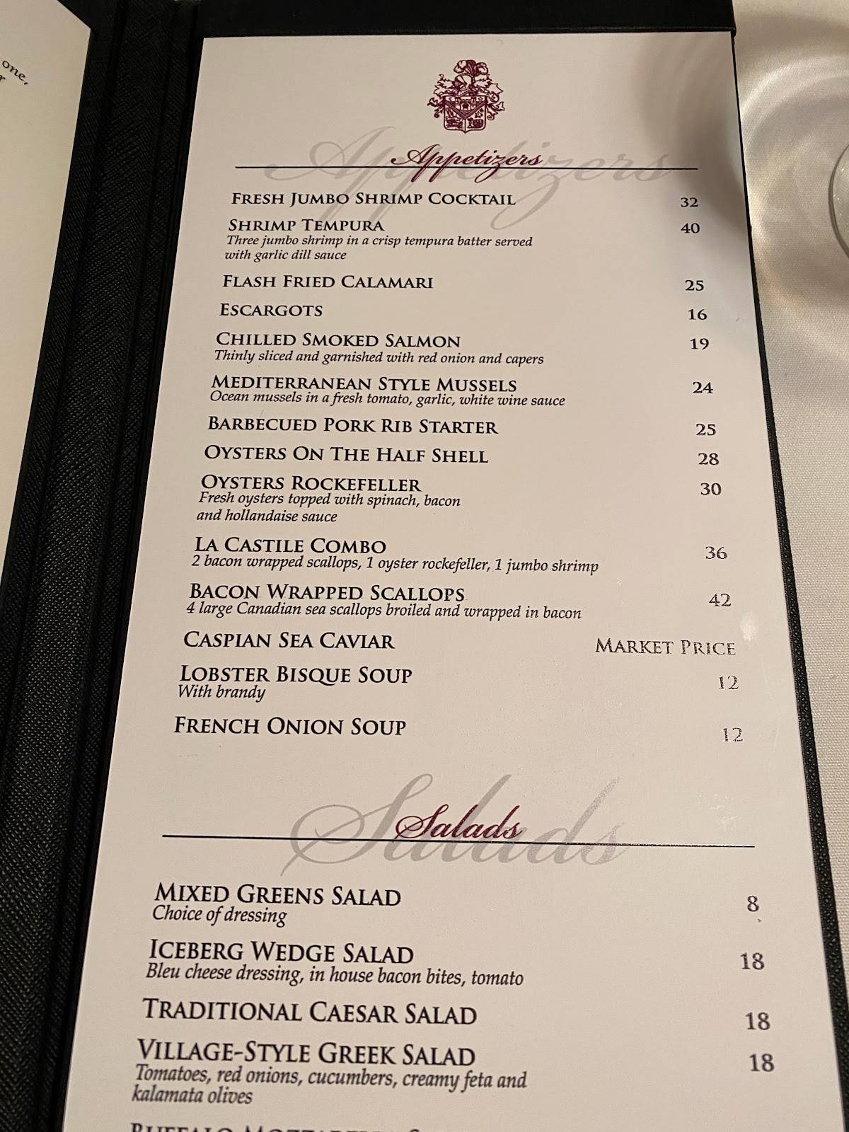 Menu at La Castile steakhouse, Mississauga