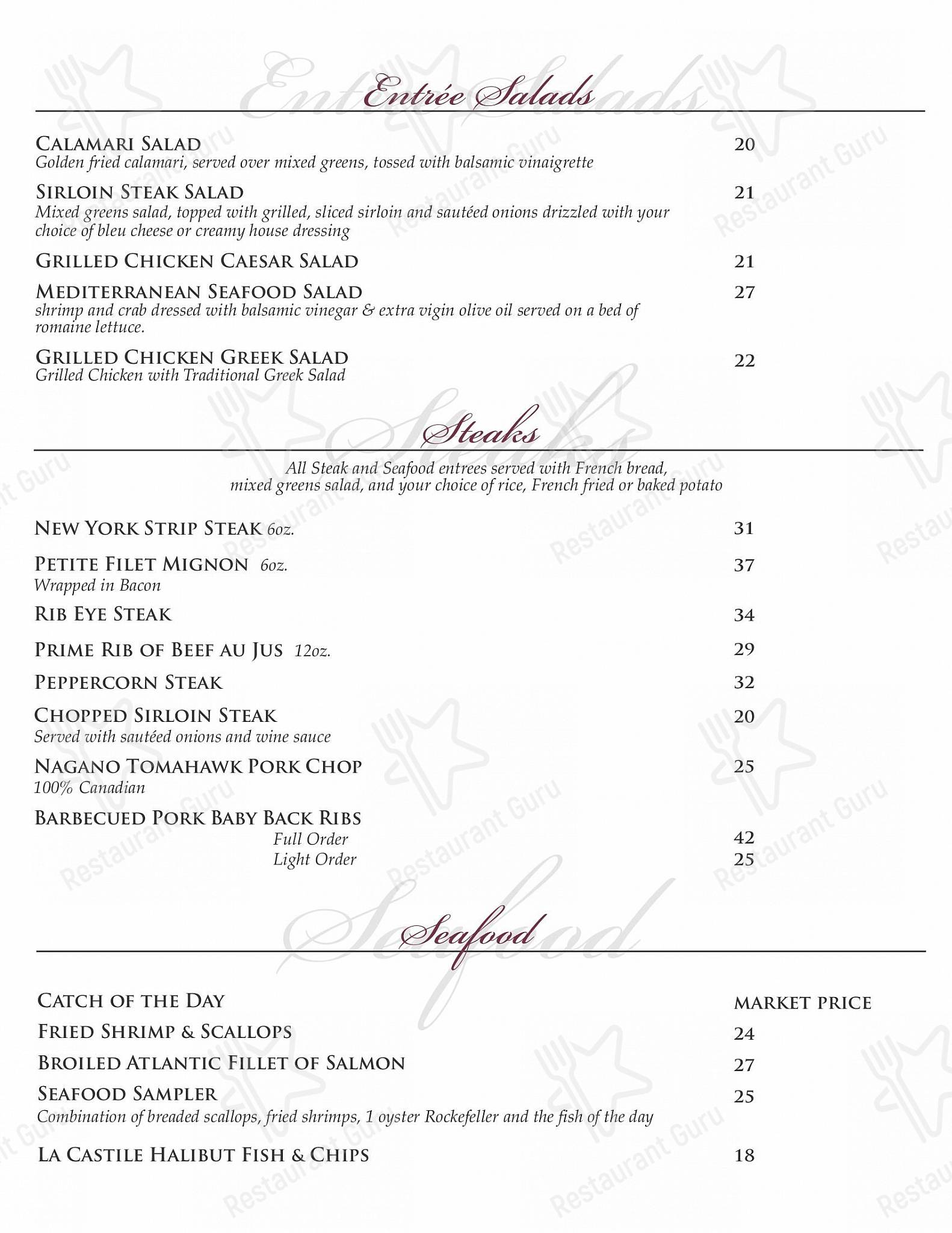 Menu at La Castile steakhouse, Mississauga