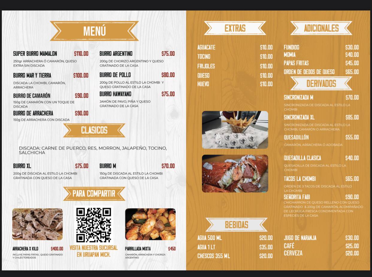 Carta del restaurante La Chombi del los burritos., Mexico