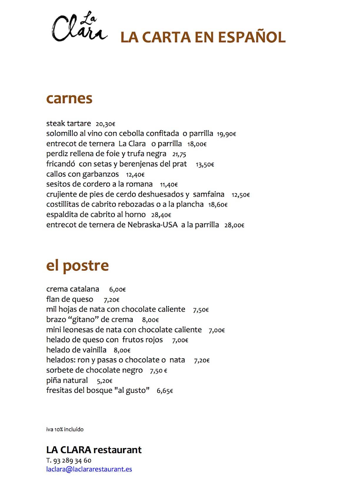 Carta de La Clara Restaurant, Barcelona, Gran Via de les Corts Catalanes