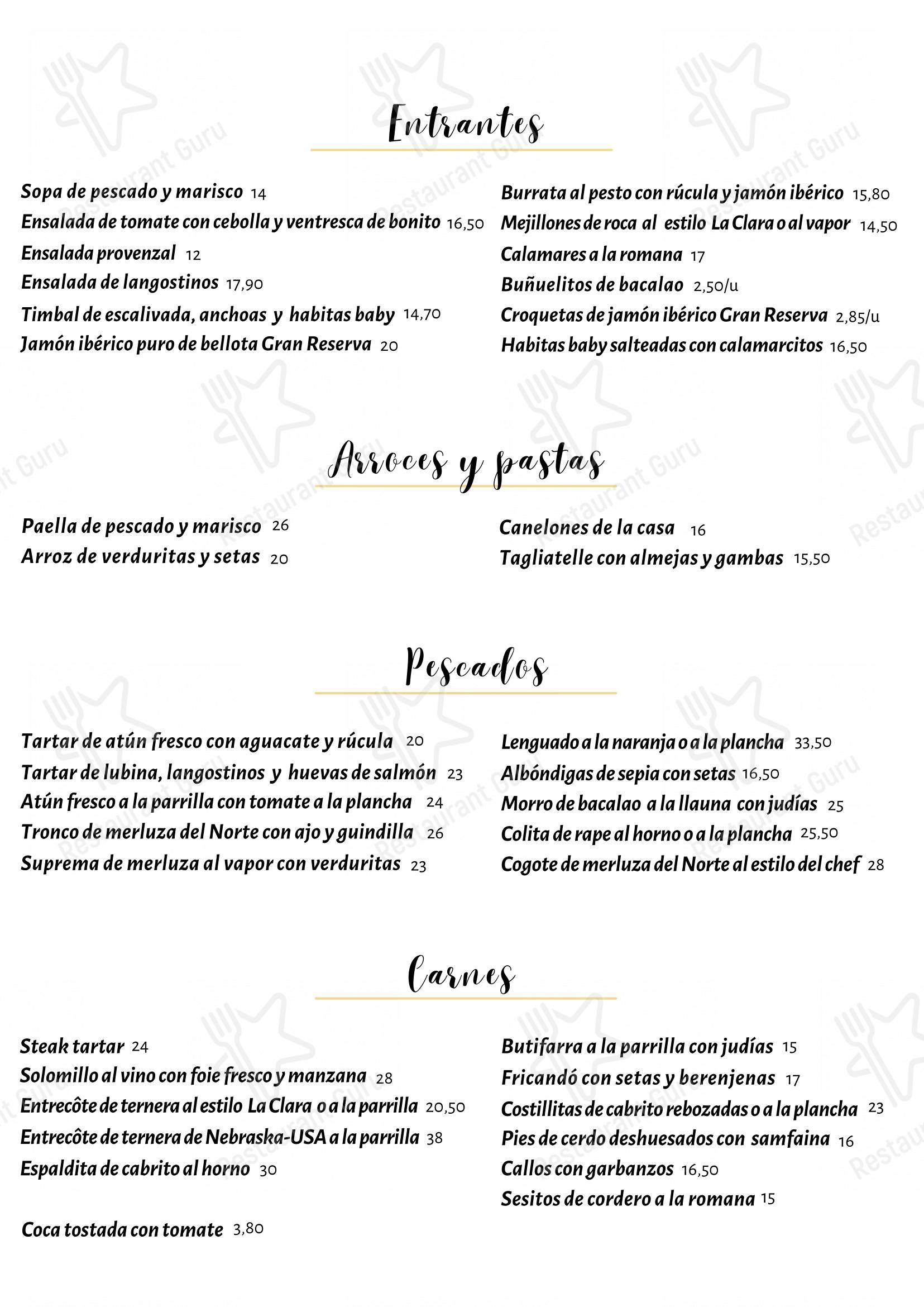 Carta de La Clara Restaurant, Barcelona, Gran Via de les Corts Catalanes