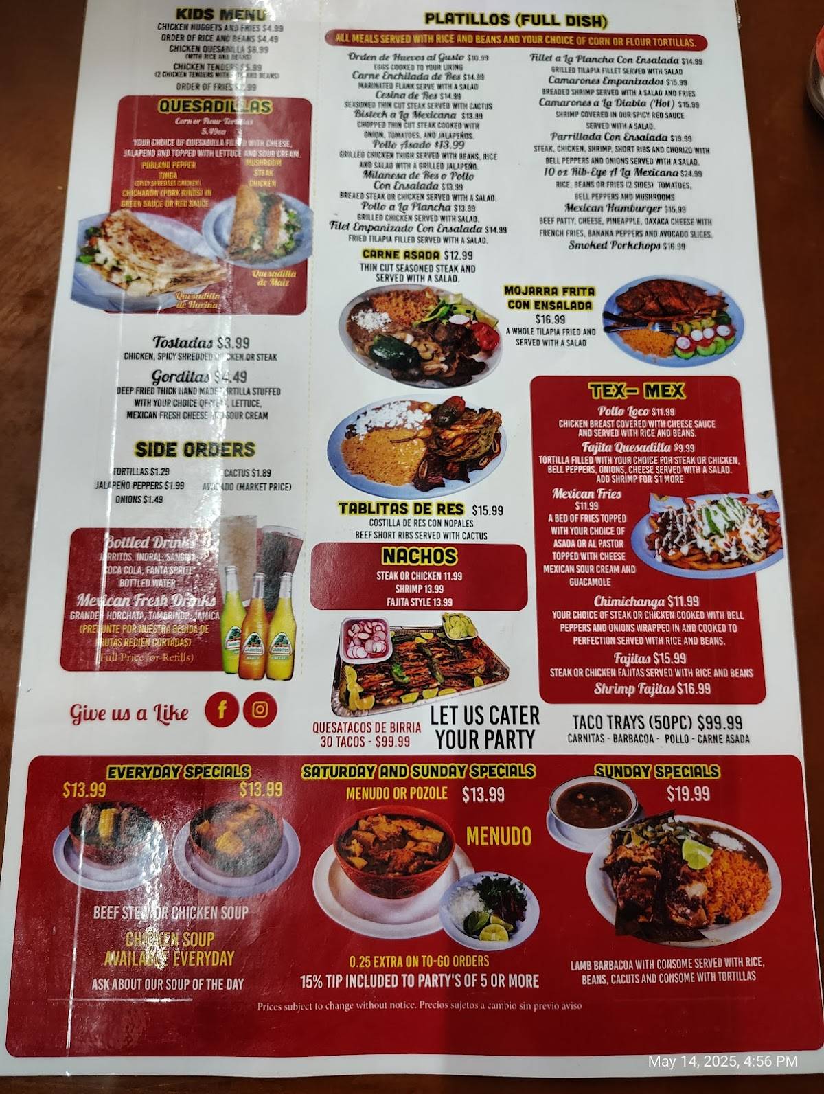 Menu at La Colonial Supermercado y Taqueria restaurant, Huntsville
