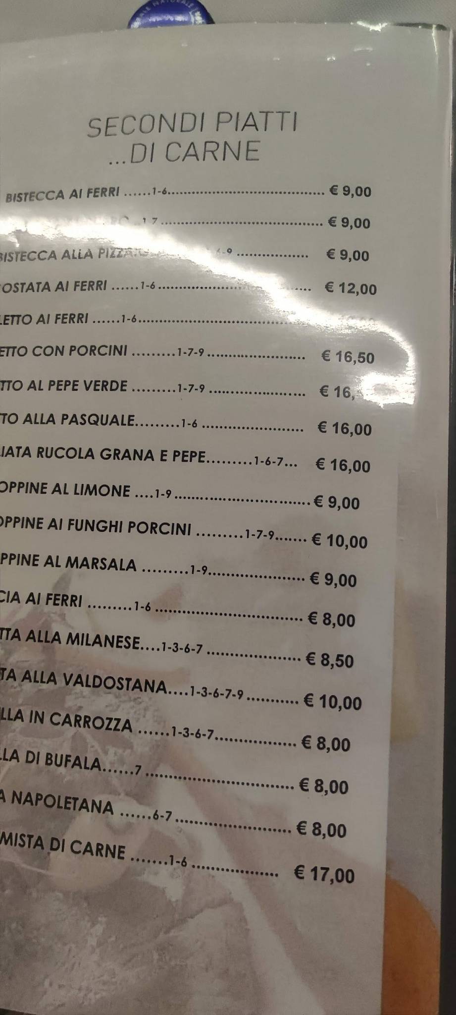 Carta del restaurante La Costa Azzurra, Castel Mella