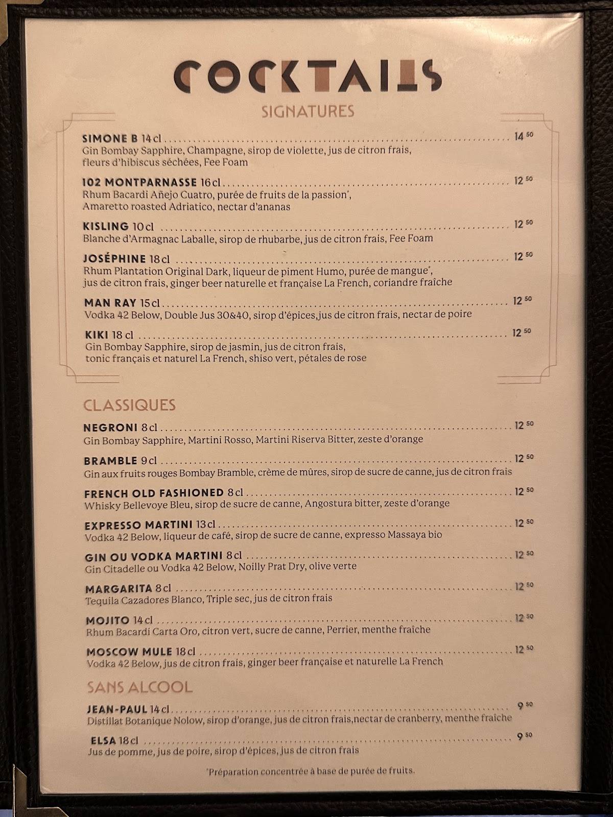 Menu au La Coupole café, Paris, 102 Boulevard du Montparnasse