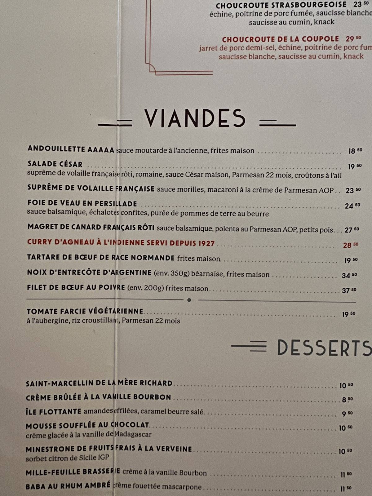 Menu at La Coupole cafe, Paris, 102 Bd du Montparnasse