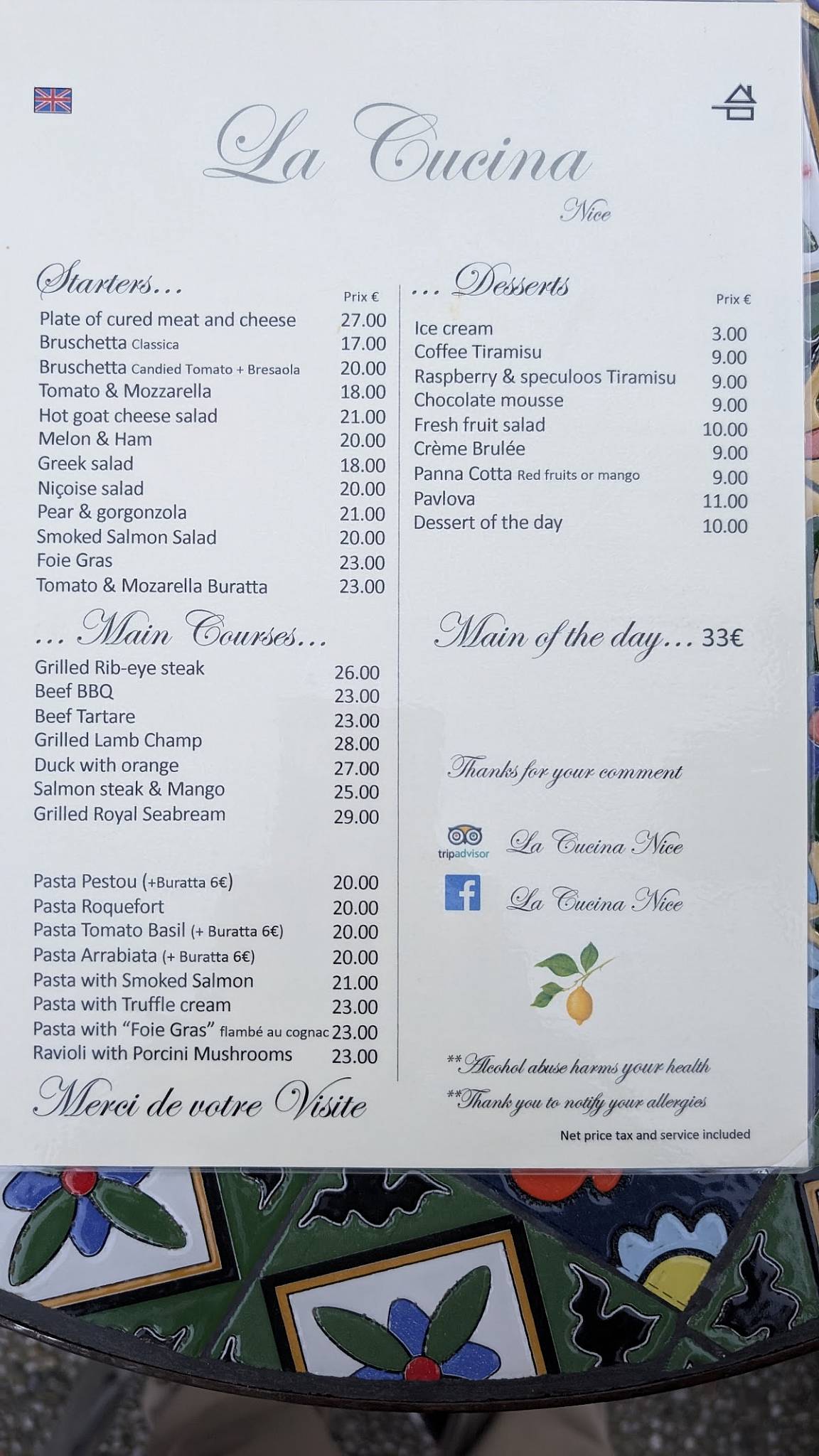 Menu at LA. CUCINA restaurant, Nice
