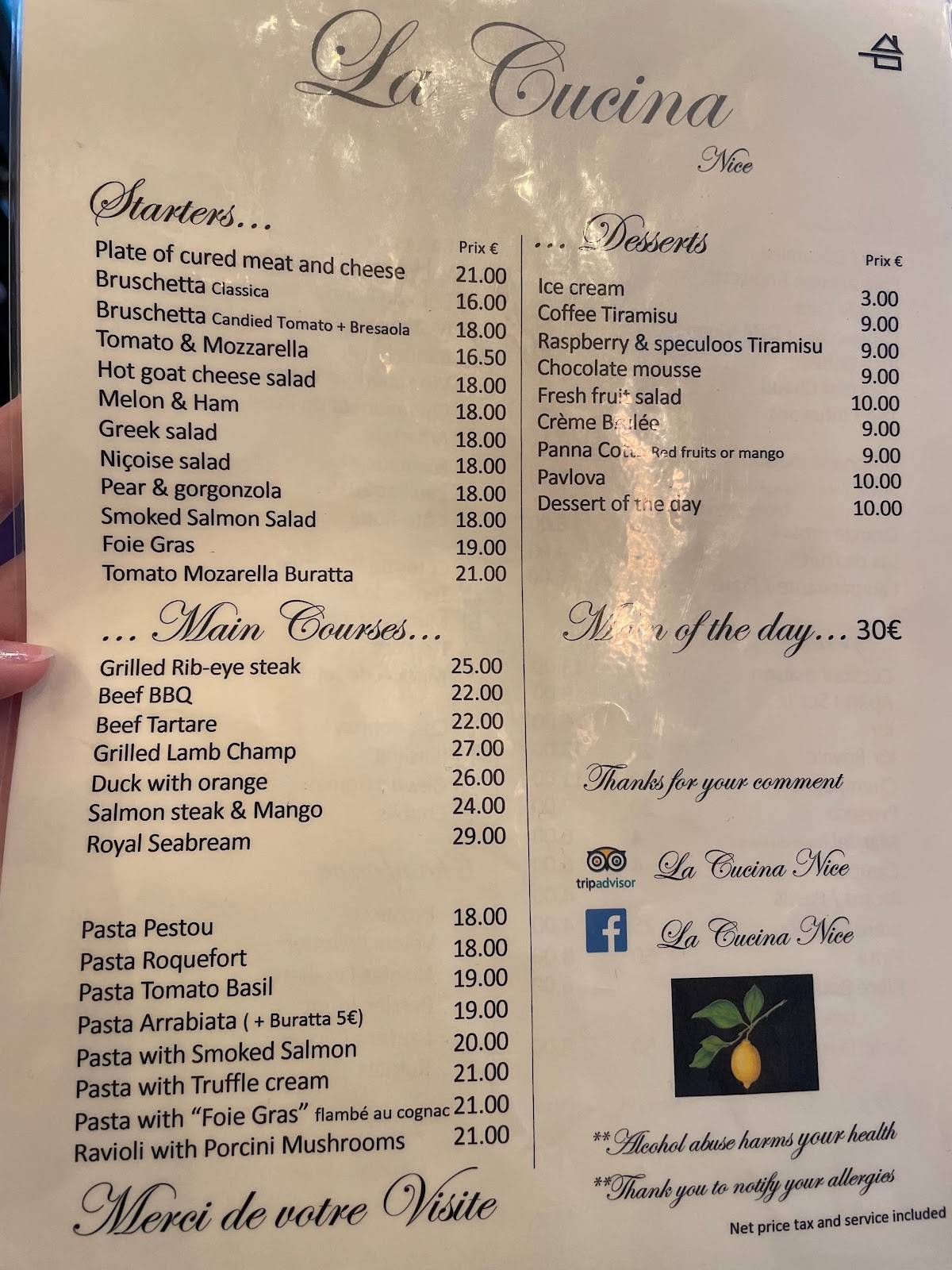 Menu at La Cucina restaurant, Nice