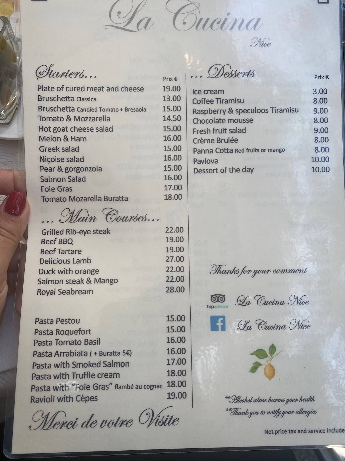 Menu at La Cucina restaurant, Nice