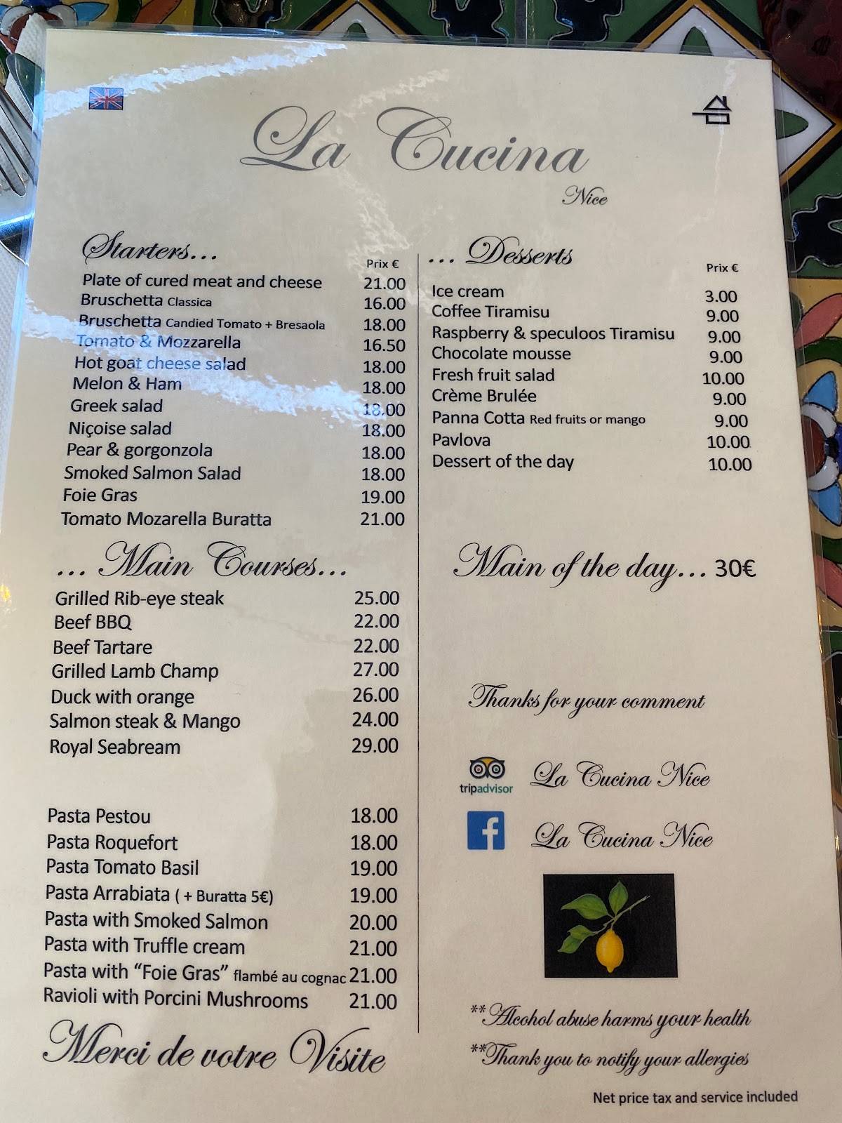 Menu at La Cucina restaurant, Nice