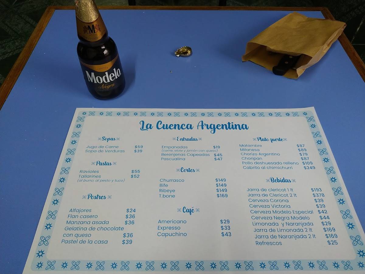 Carta del restaurante La Cuenca Argentina, Ciudad del México
