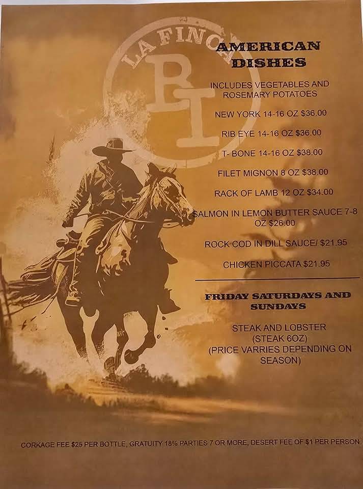 Menu at La Finca Branding Iron steakhouse, Merced