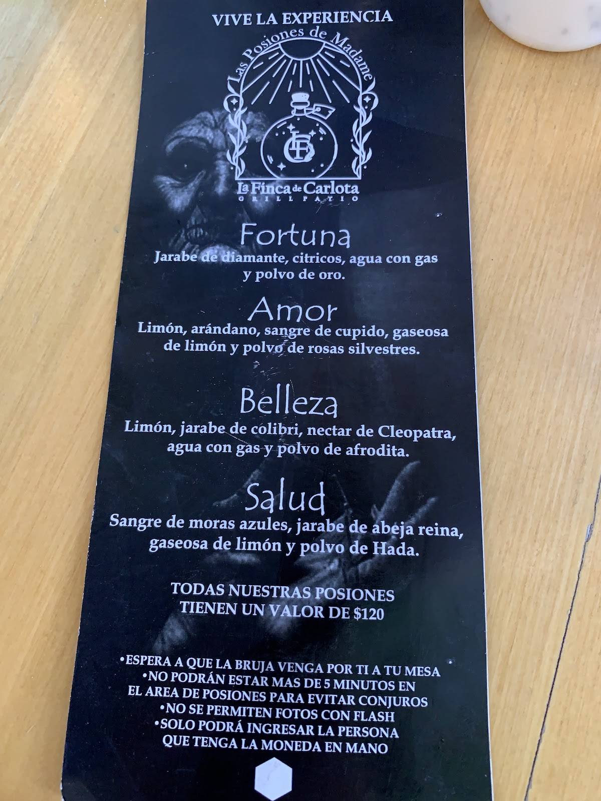 Carta del restaurante La Finca del Carlota, Ciudad Juarez