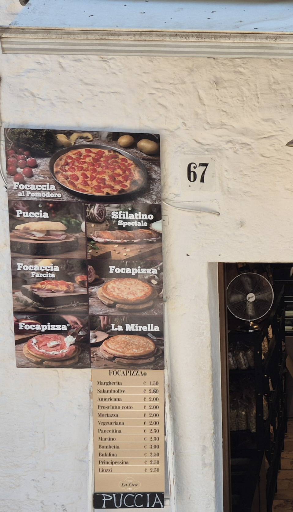 Carta de pizzería La Lira Focacceria, Alberobello