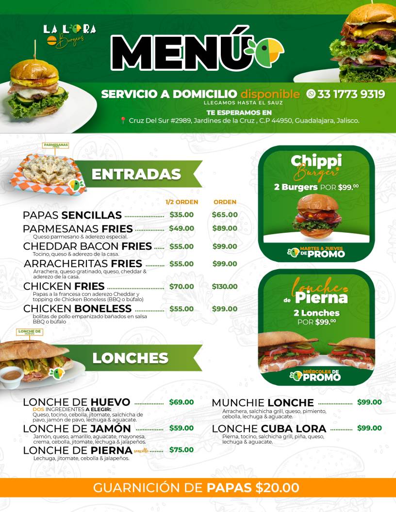 Carta del restaurante La Lora Burgers, Guadalajara