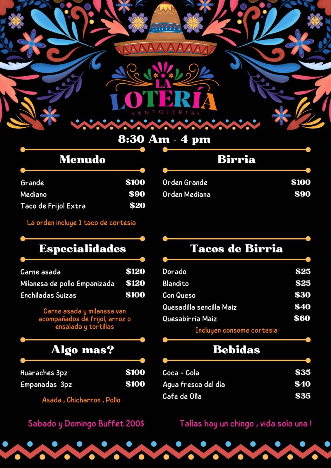Menu at La Lotería Antojeria & Buffet restaurant, Puerto Vallarta