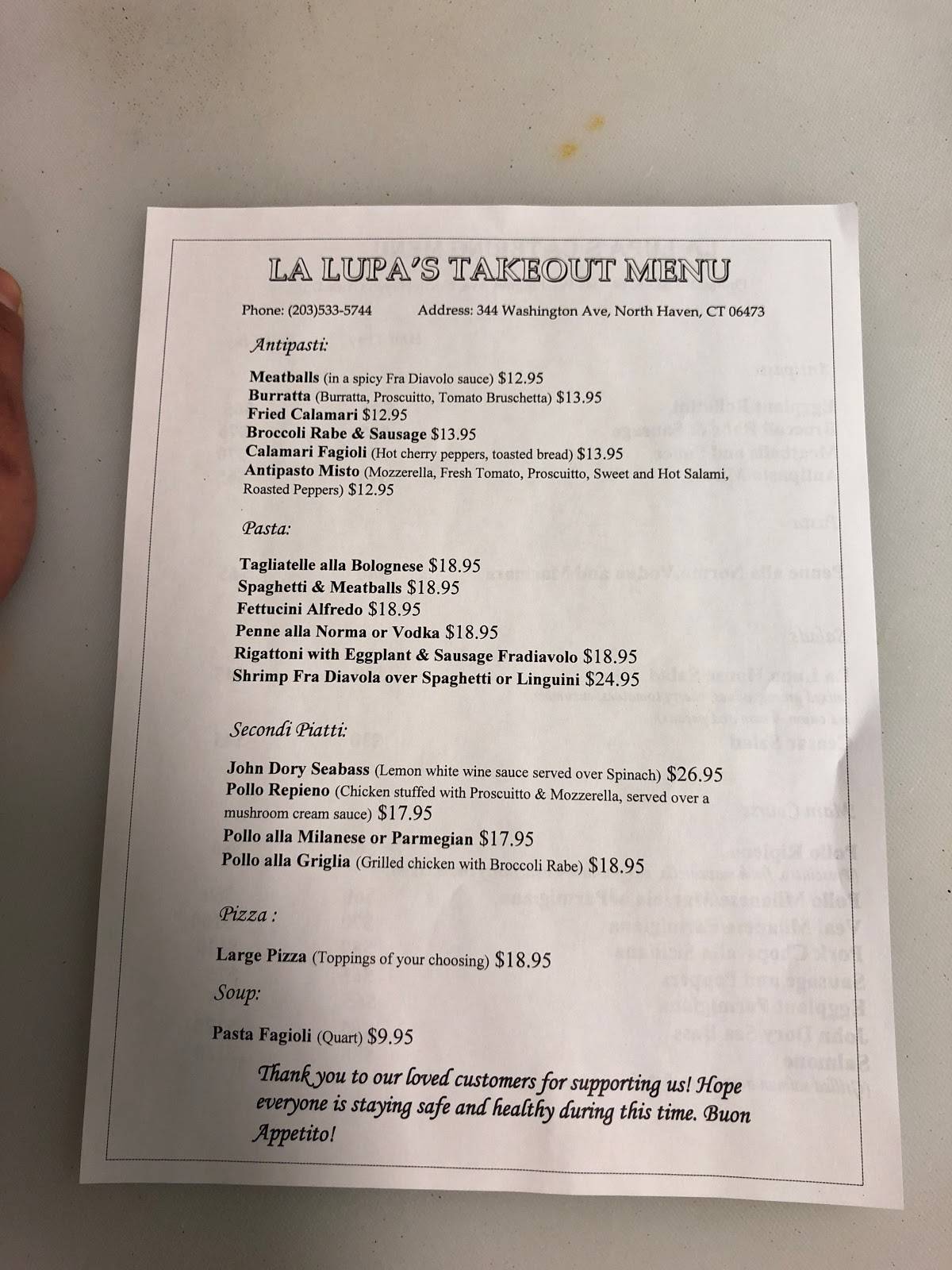Menu at La Lupa Ristorante restaurant, North Haven