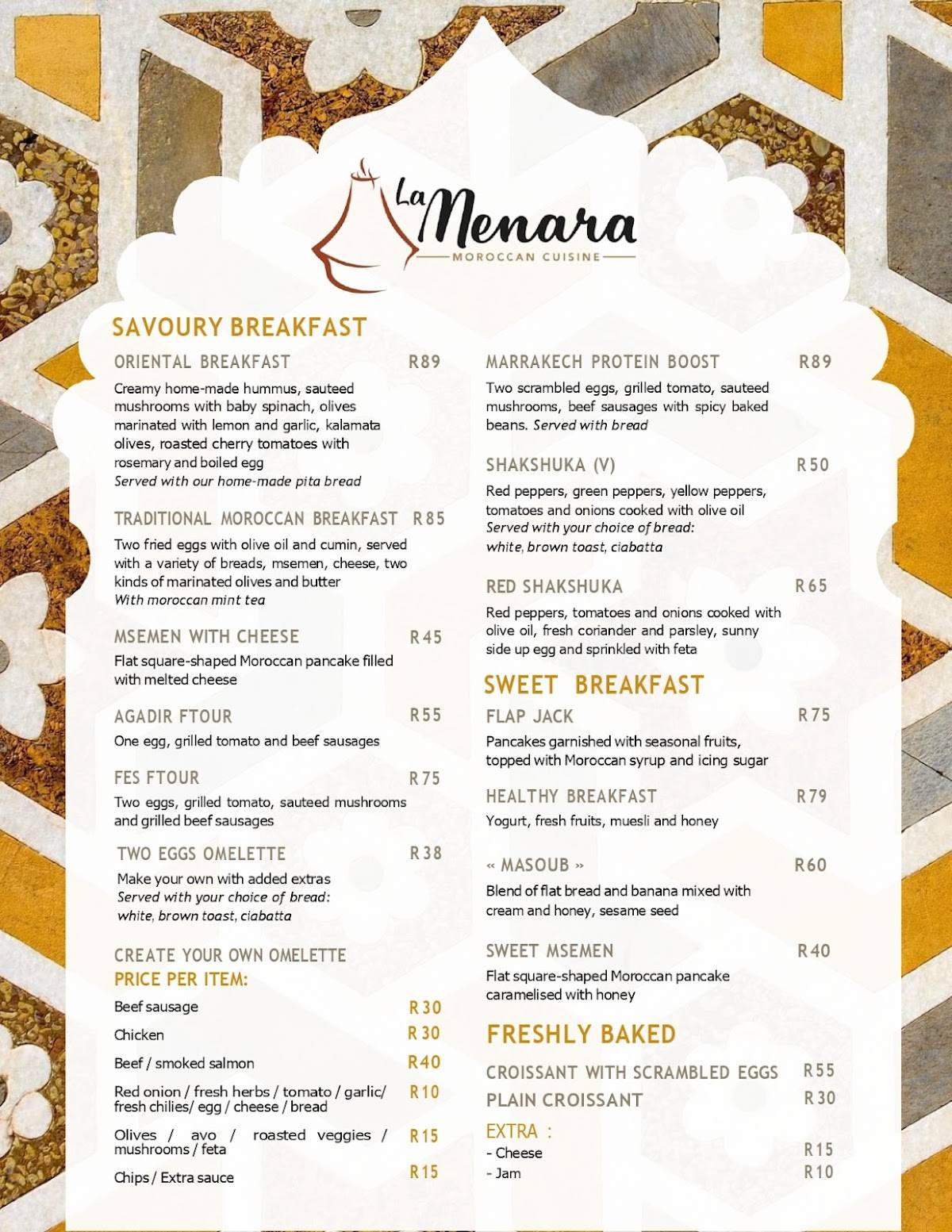 Menu at La Menara restaurant, Cape Town