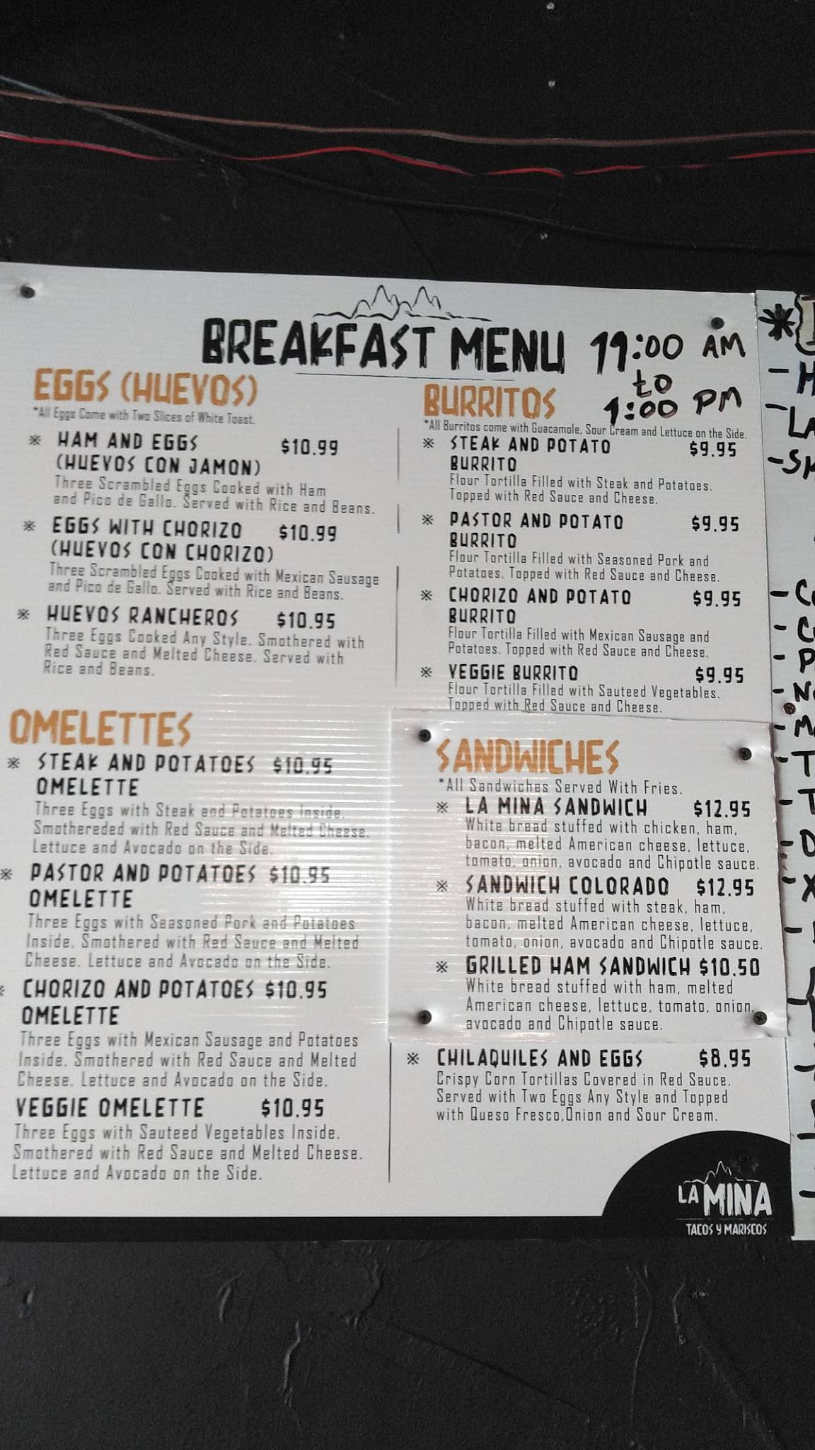 Menu at La Mina Tacos & Mariscos restaurant, Leadville