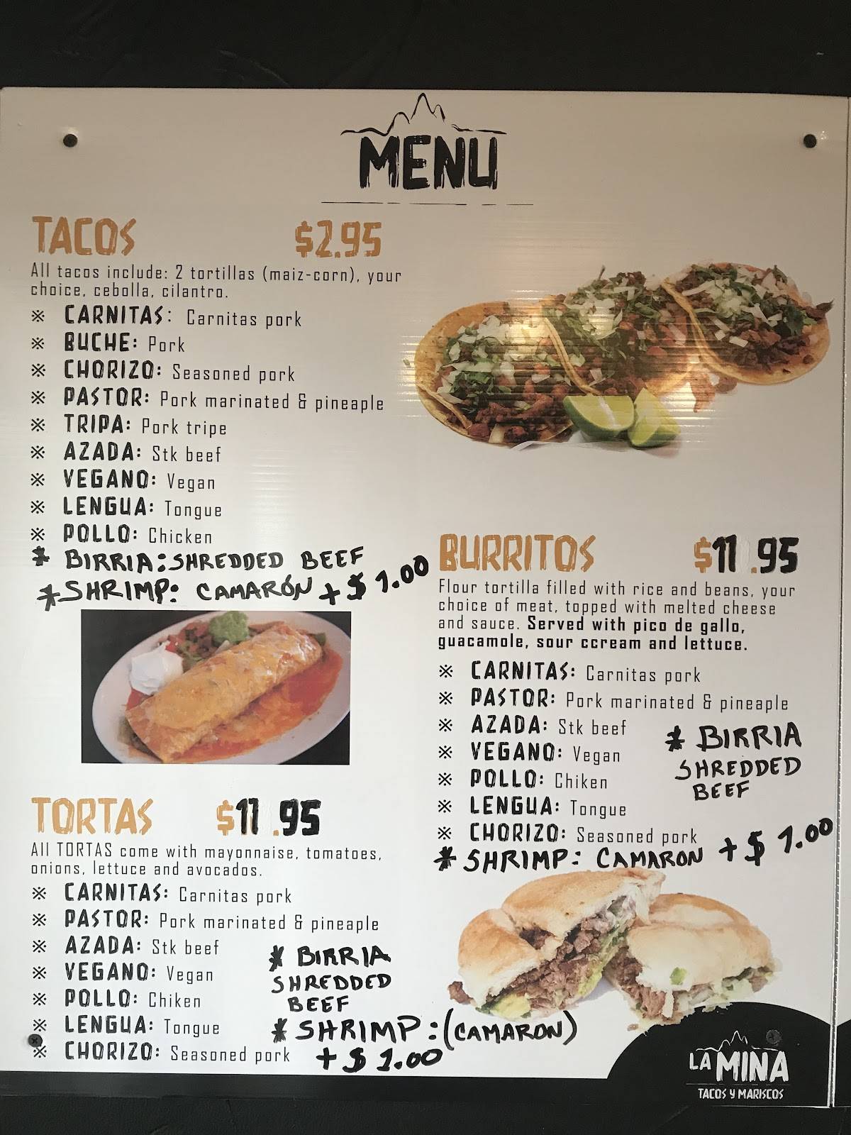 Menu at La Mina Tacos & Mariscos restaurant, Leadville
