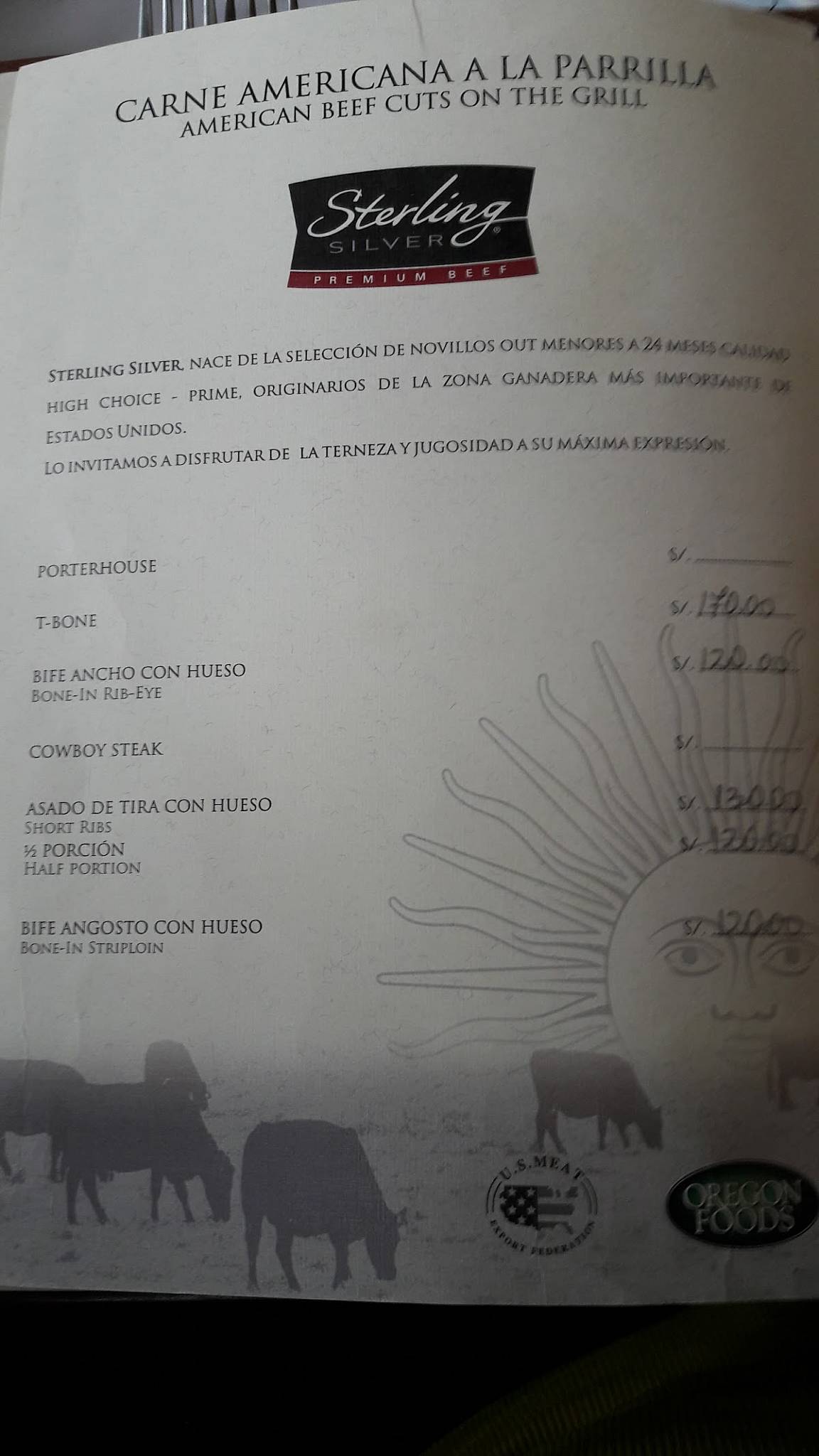 Carta del restaurante El Charrúa, La Molina