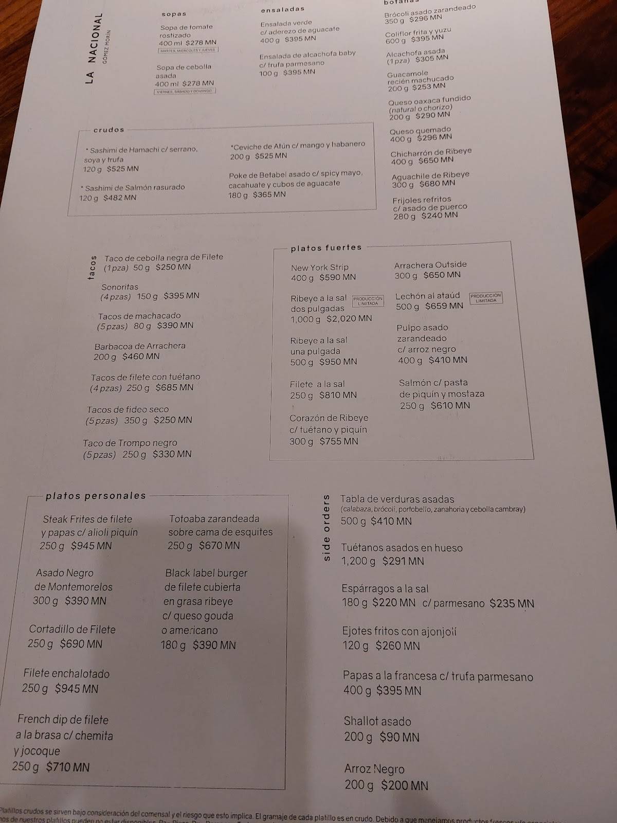 Carta del restaurante La Nacional - Gomez Morin, San Pedro Garza García ...