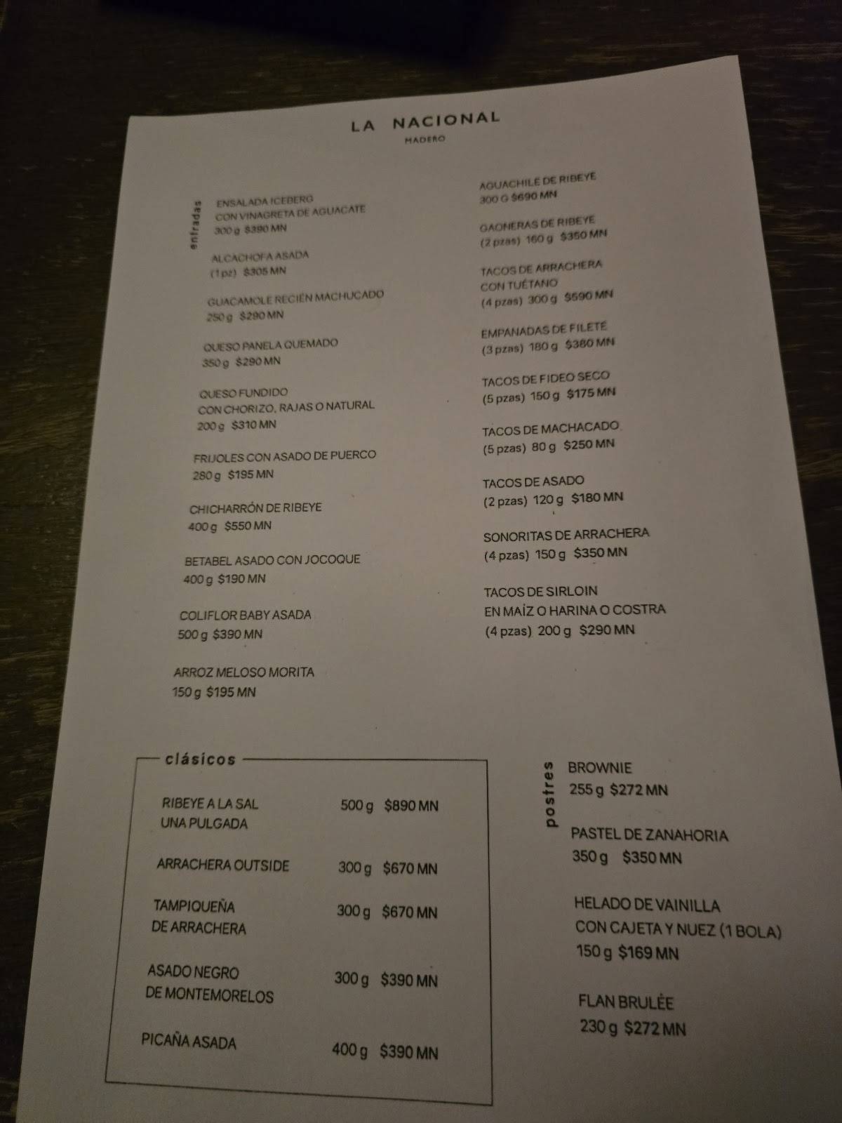 Carta del restaurante La Nacional, Monterrey, Av. Francisco I. Madero 1160
