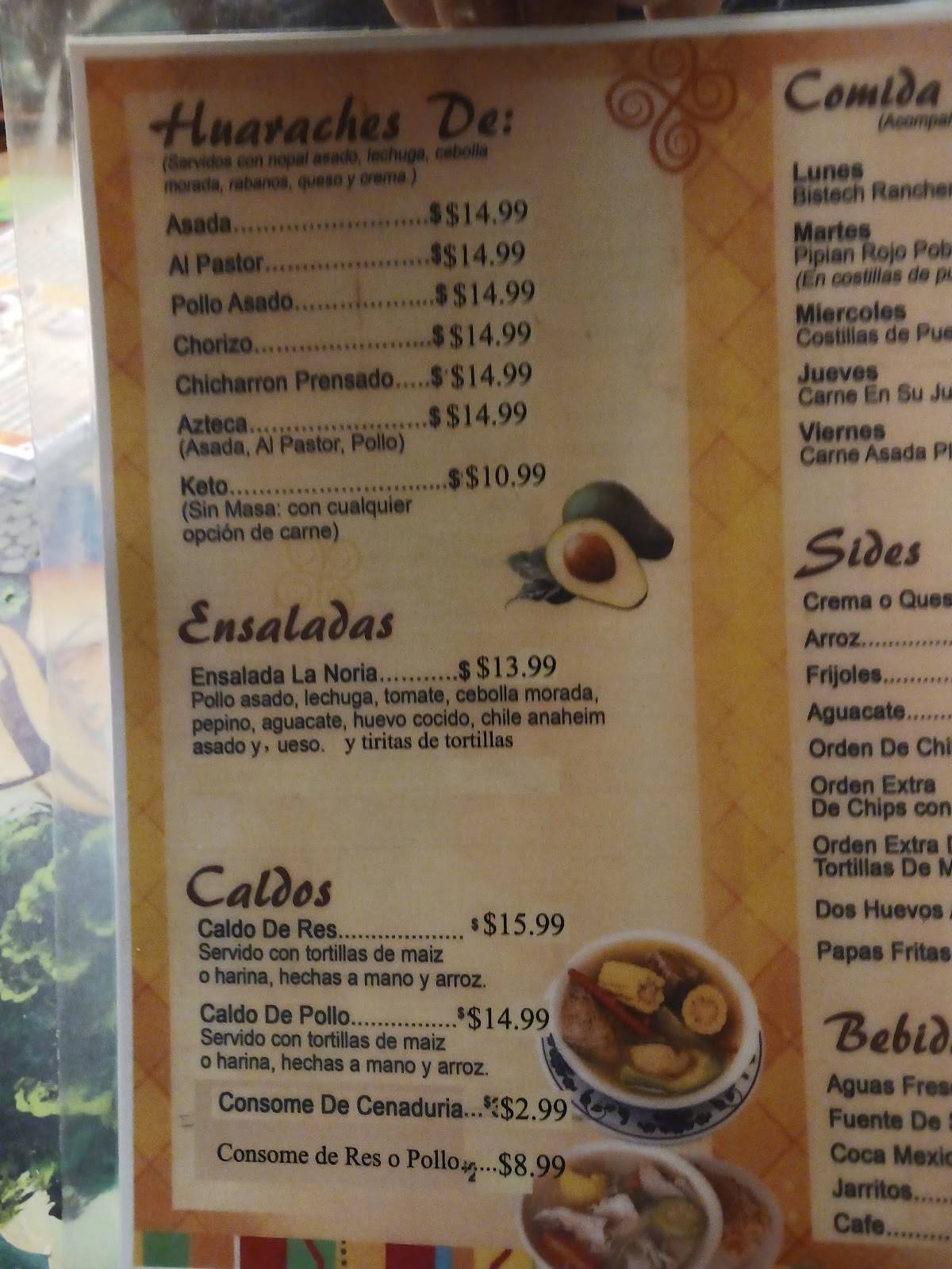 Menu at La Noria Restaurant, Coachella