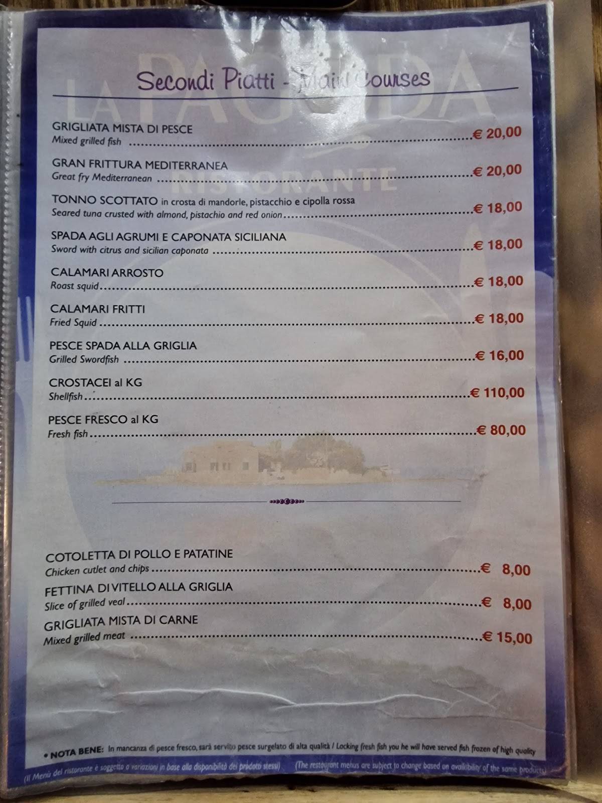 Menu da La Pagoda ristorante, Marzamemi