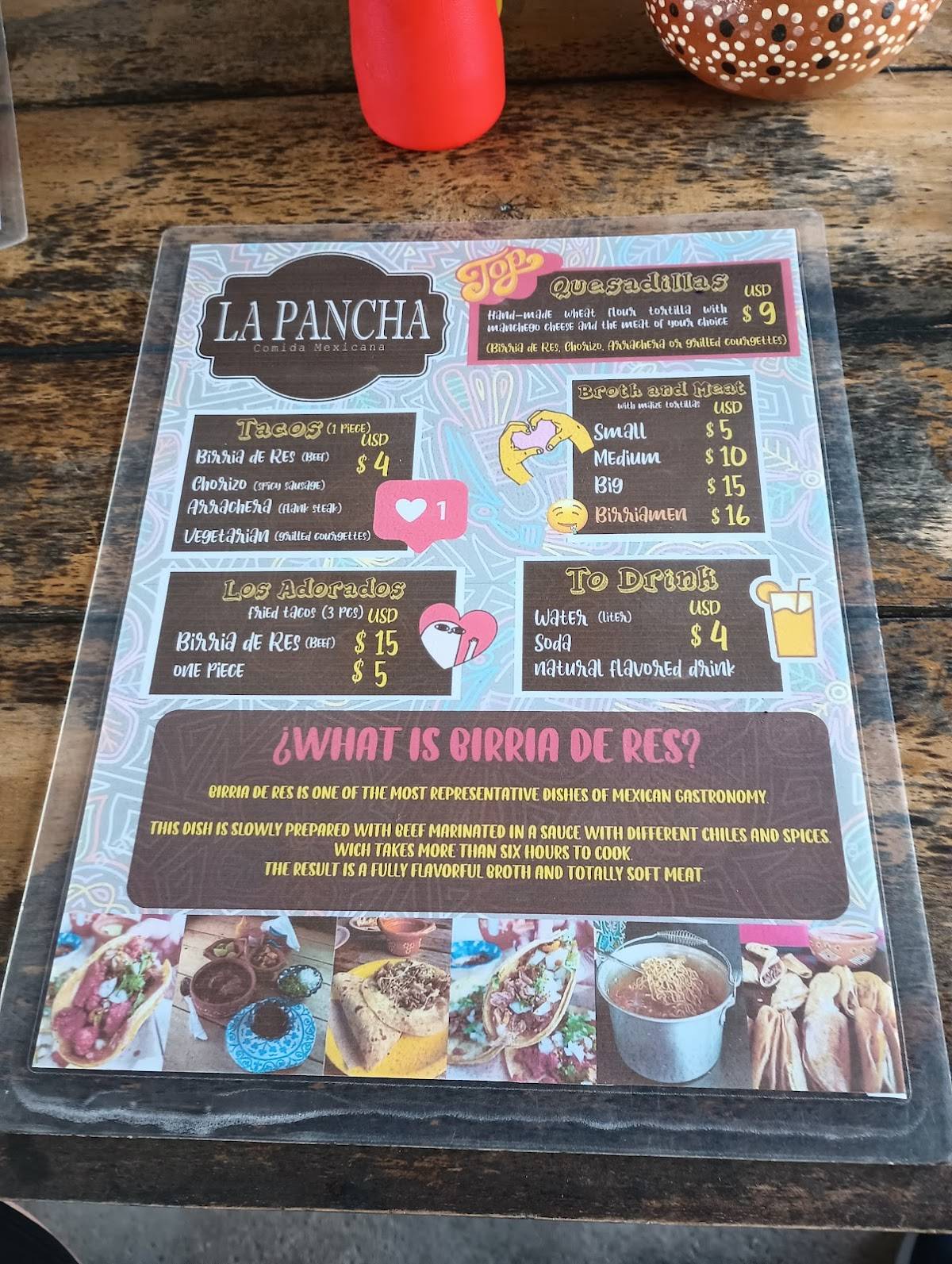 Carta del restaurante La Pancha, Mahahual