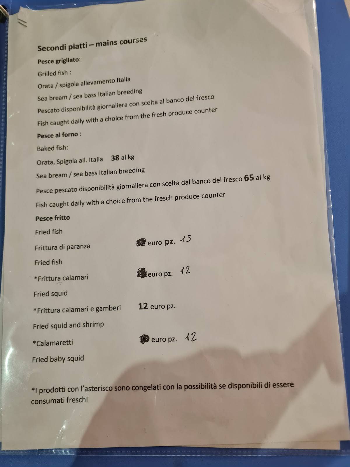 Menu at La Paranza restaurant, Rome, Via Dacia