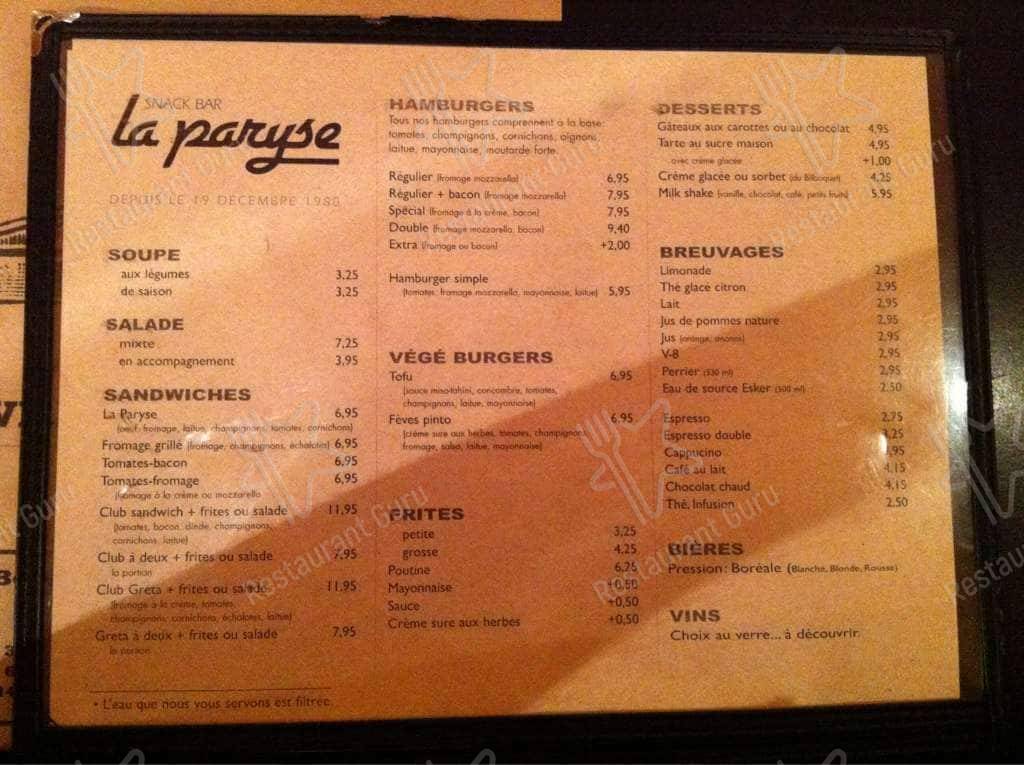 Menu at La Paryse restaurant, Montréal