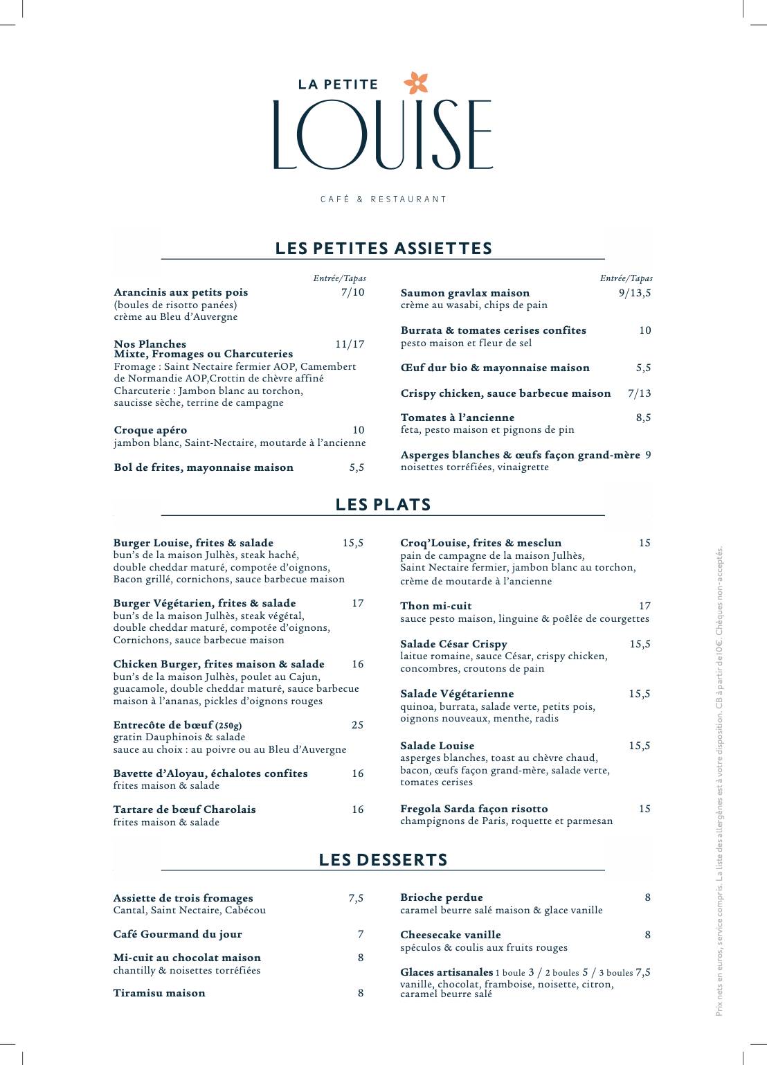 Carta del restaurante La Petite Louise, Paris, 54 rue du Château d'Eau