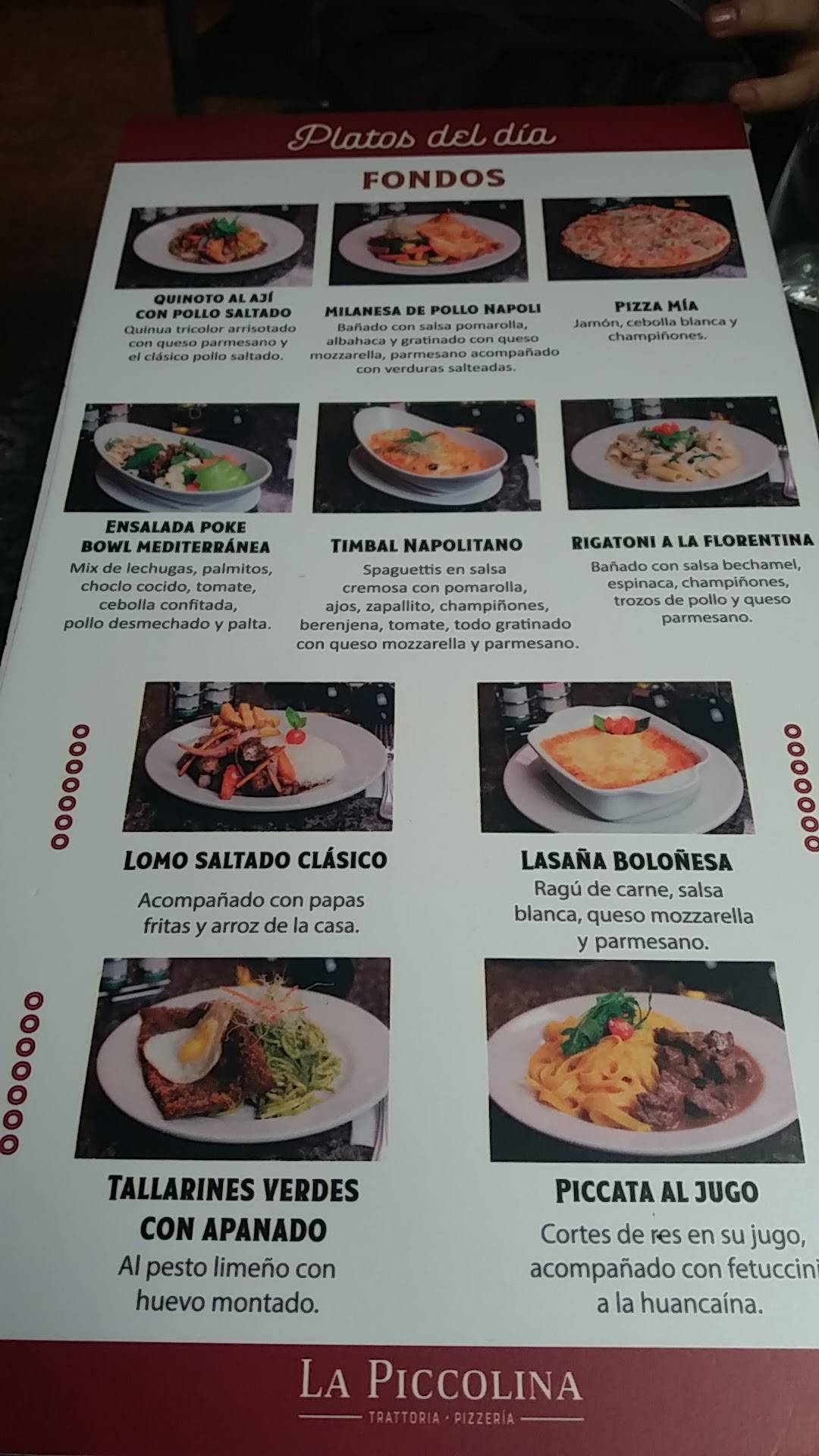 Carta del restaurante La Piccolina, San Borja, C. Morelli 235