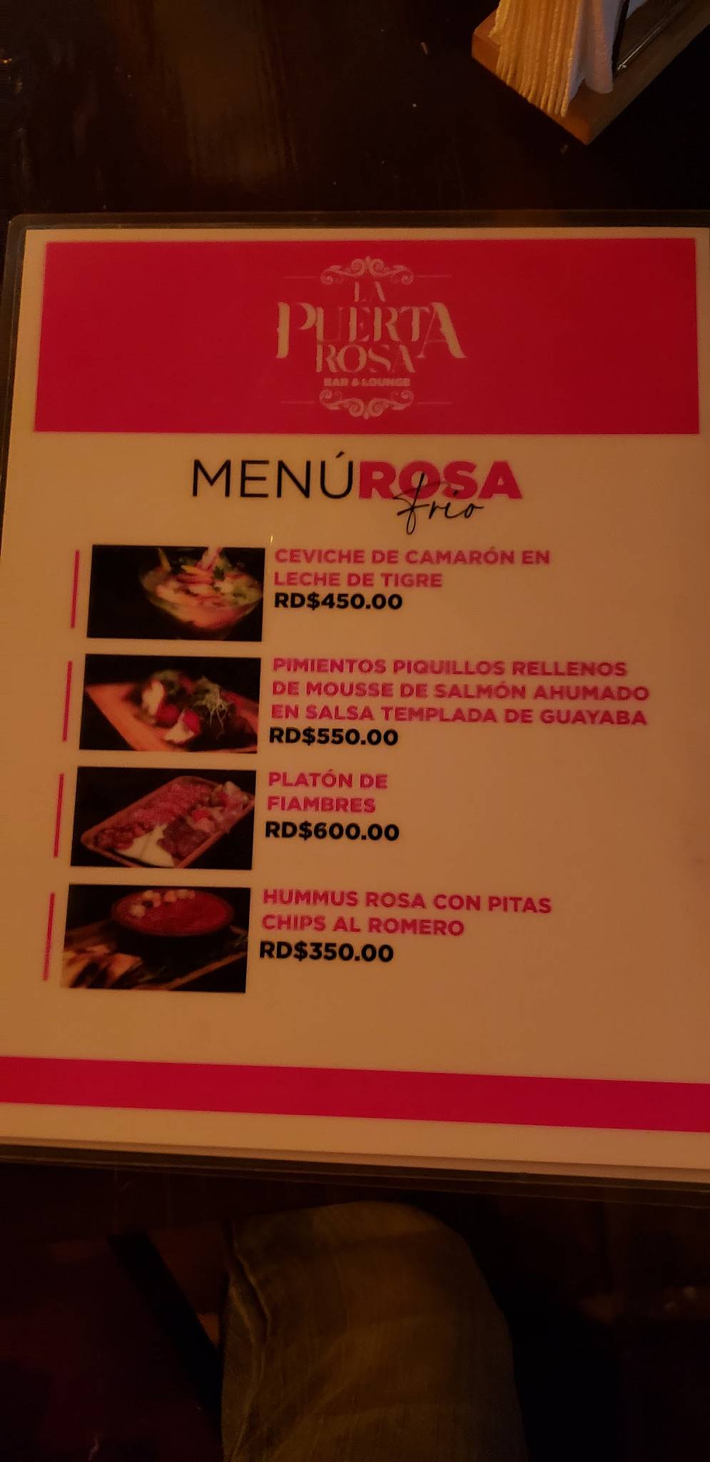 Carta del pub y bar La Puerta Rosa, Santo Domingo