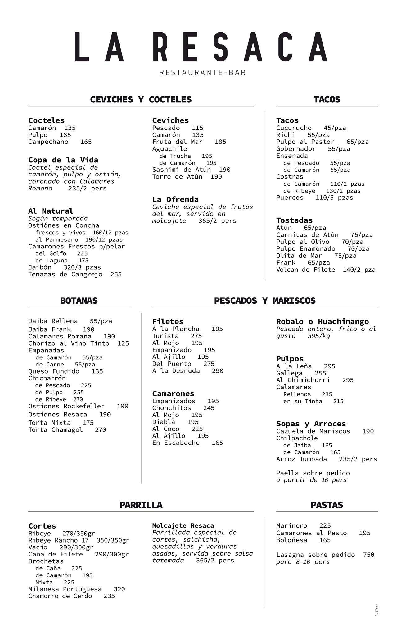 Carta del restaurante La Resaca, Tampico