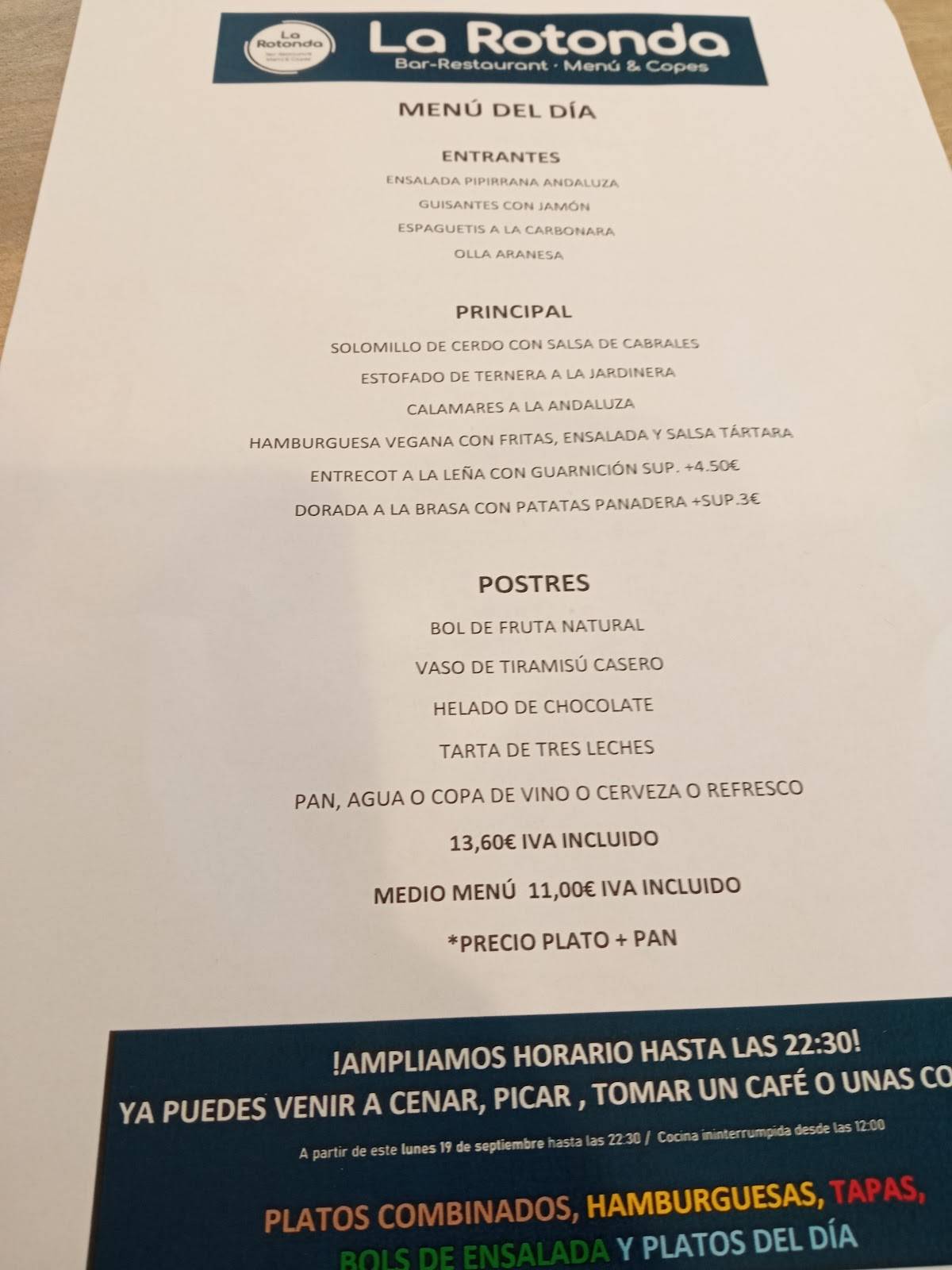 Menu at La Rotonda Bar-Restaurant, Menú y Copas, Barcelona