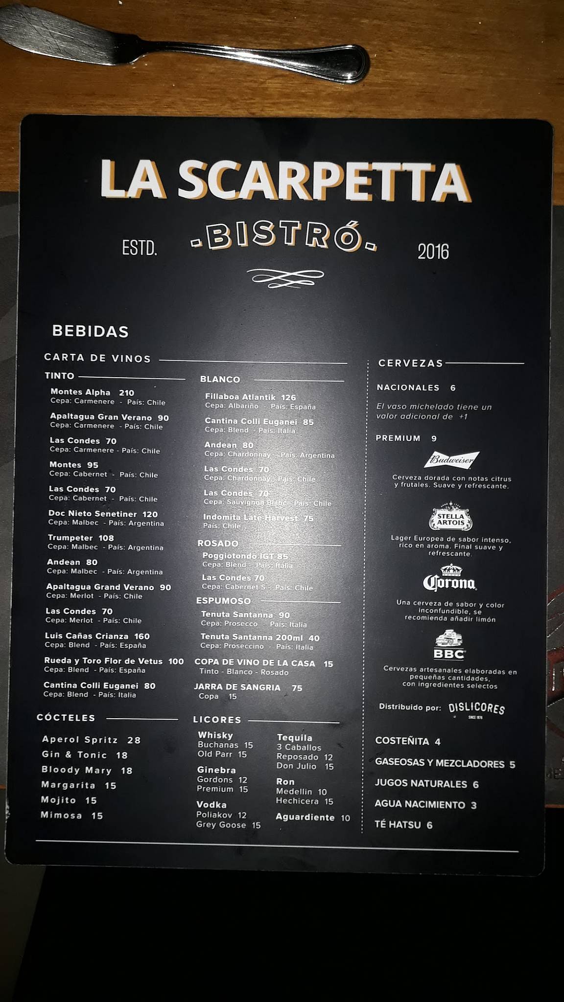 Carta del restaurante La Scarpetta, Barranquilla