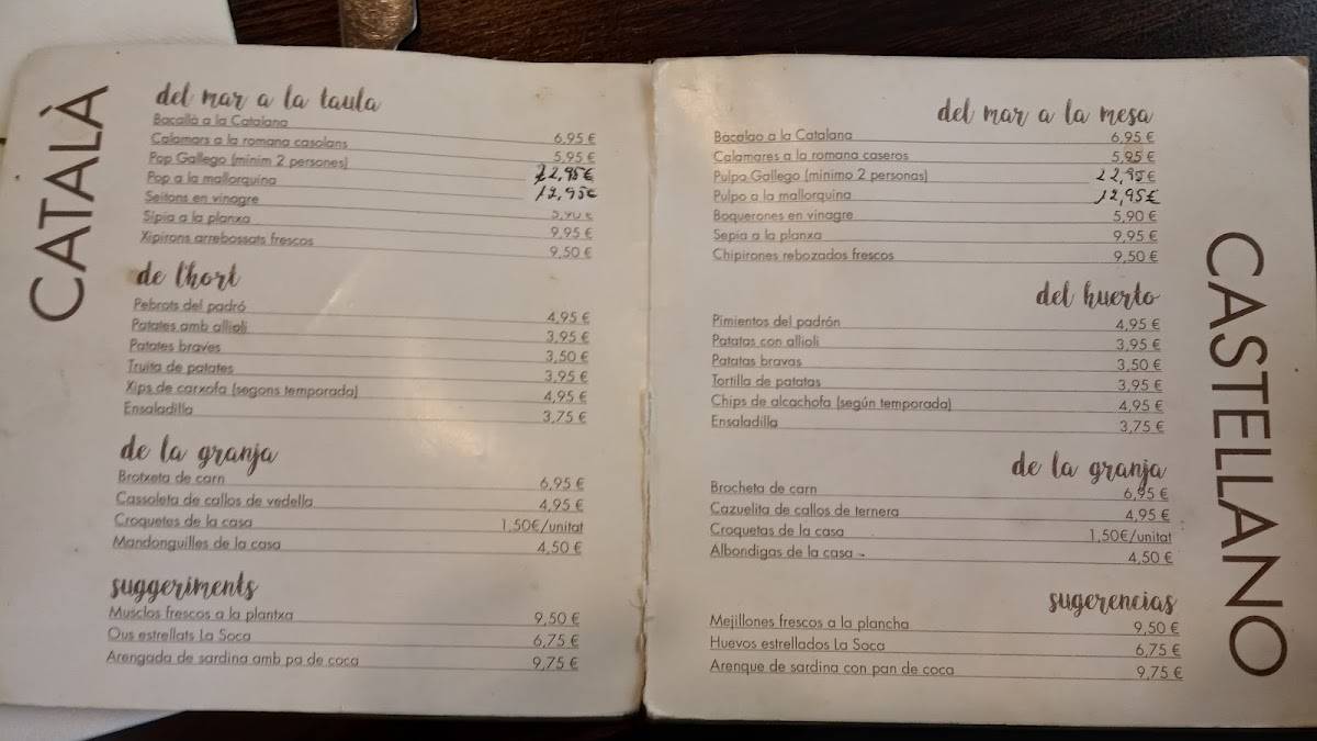 Carta de La Soca Restaurant, Manresa