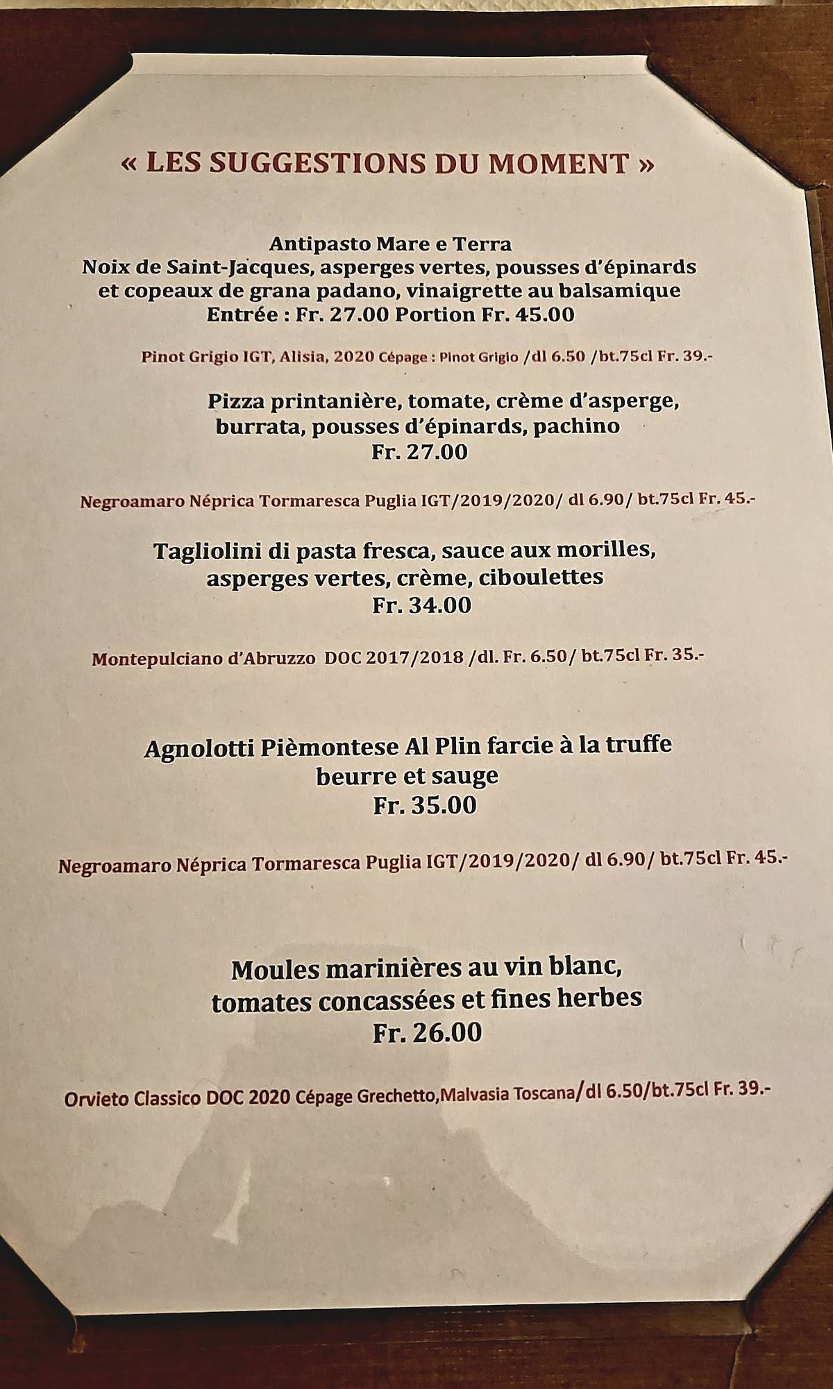 Menu au La Stella, Pully, Grand'Rue 22