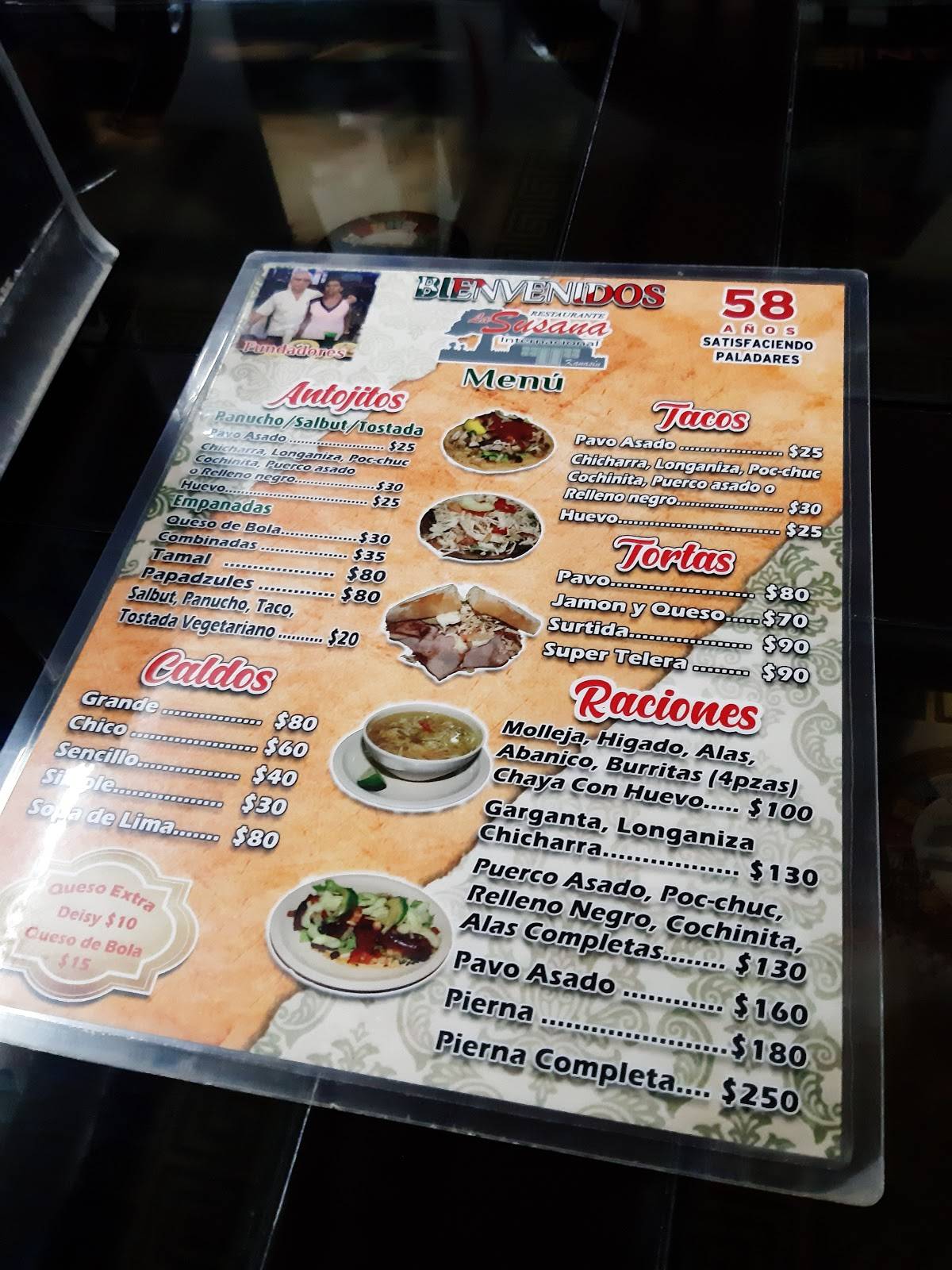 Carta del restaurante La Susana, Kanasín