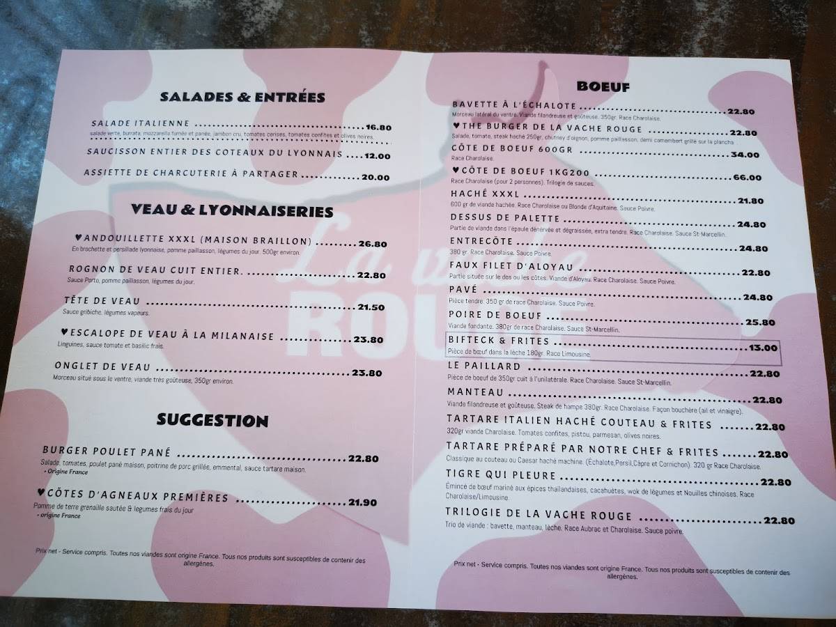 Menu au La Vache Rouge (Venissieux) restaurant à viande, Vénissieux