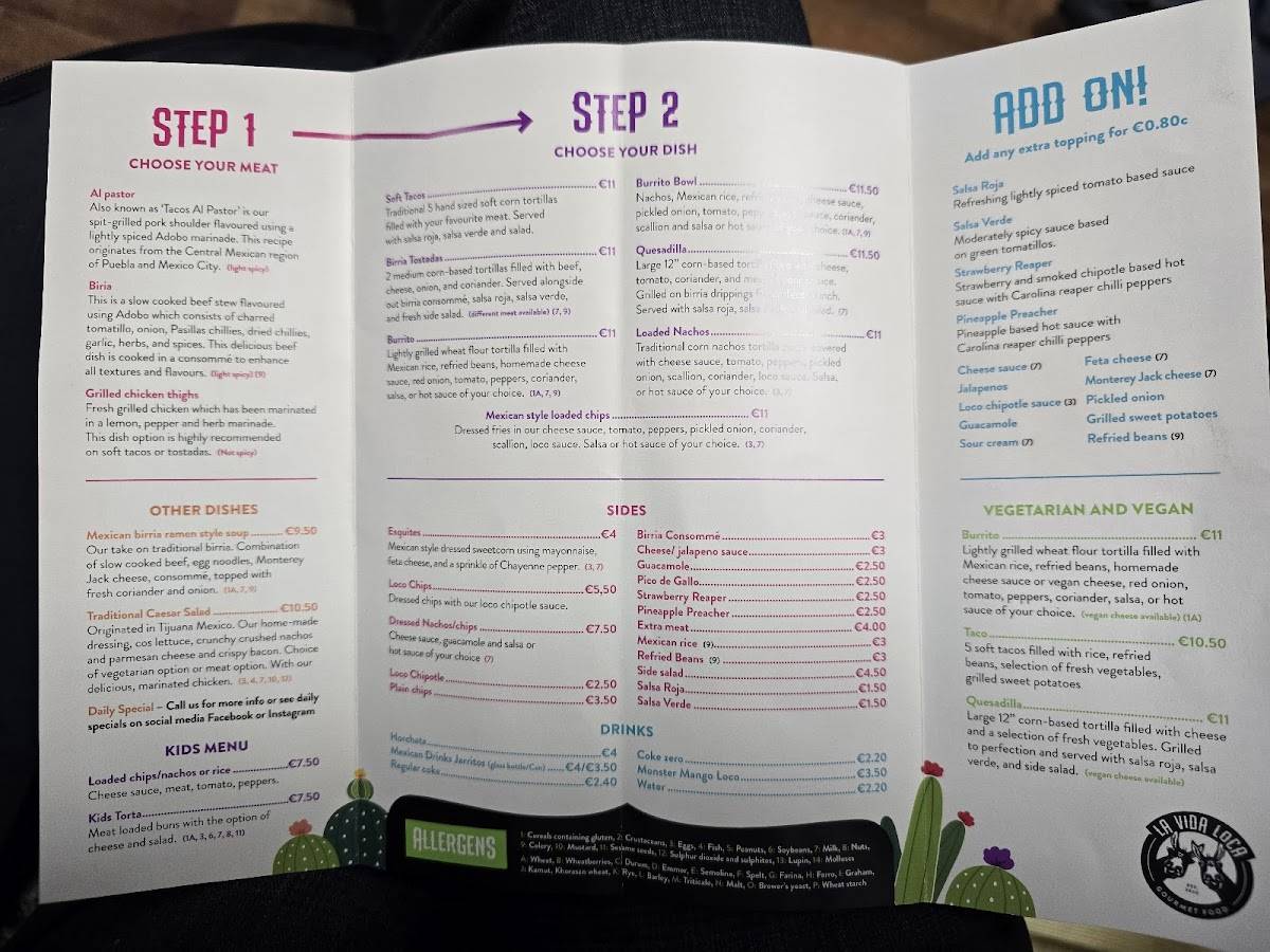 Menu at La Vida Loca restaurant, Waterford