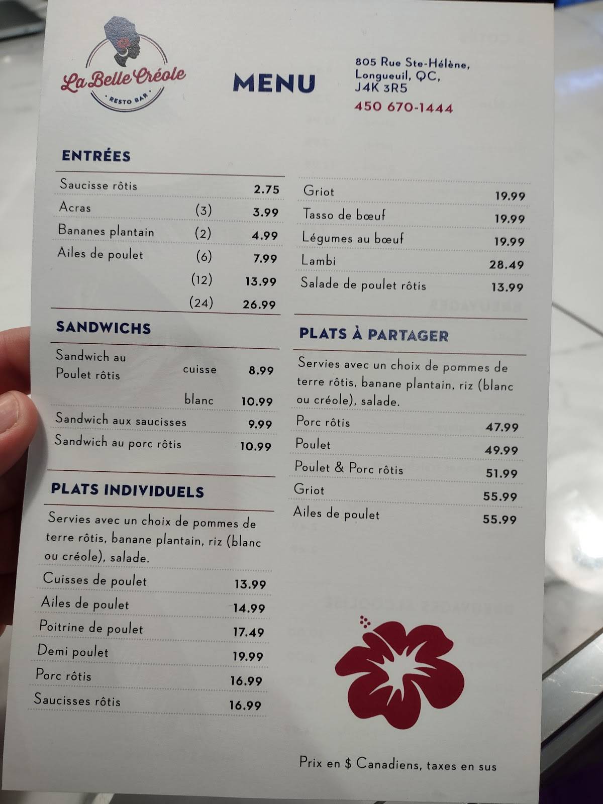 Menu au La belle créole restau bar, Longueuil