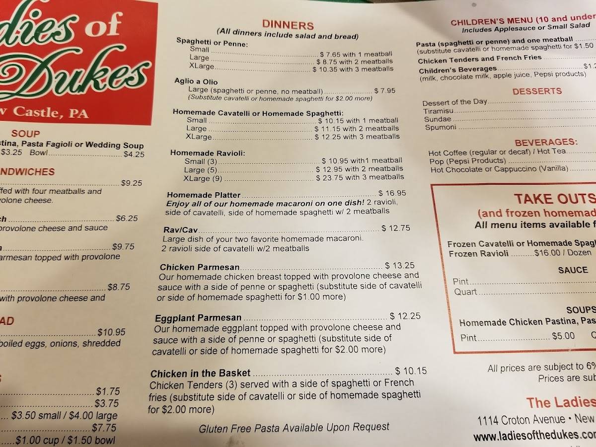 Menu at The Ladies of the Dukes restaurant, New Castle