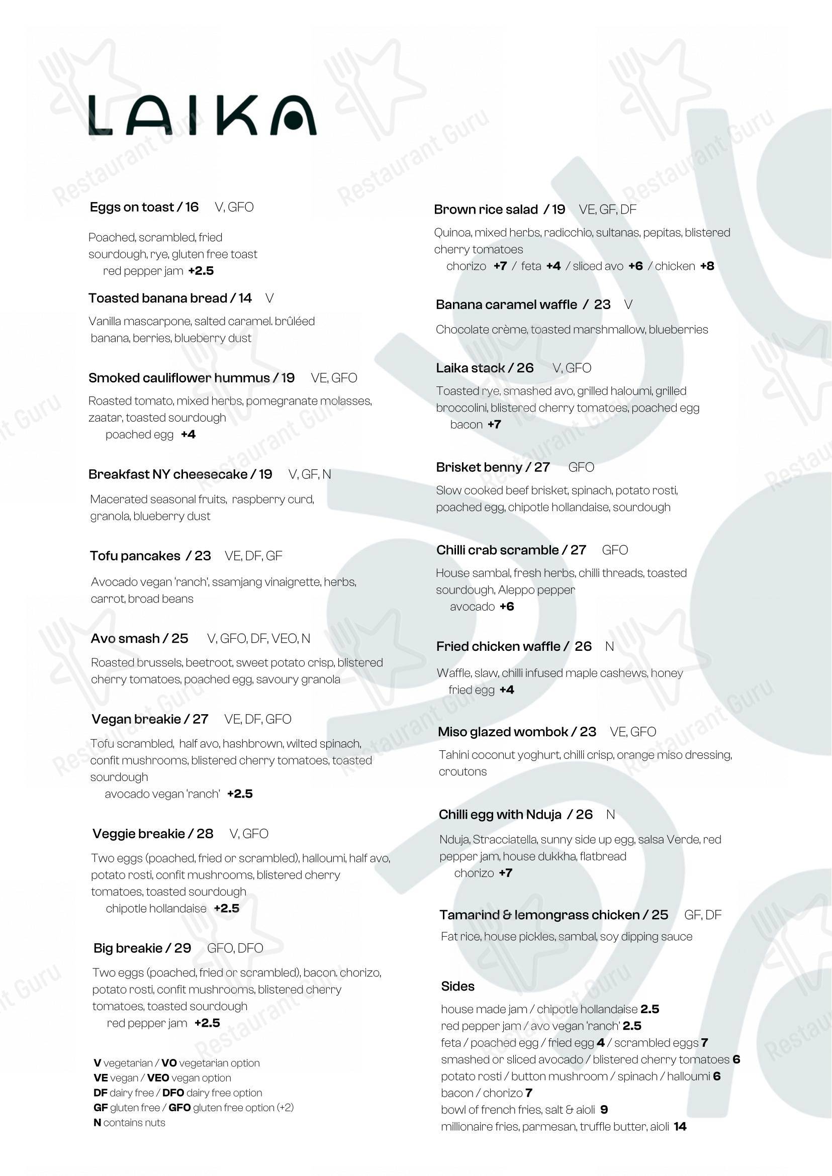 Menu at Laika Coffee cafe, Lathlain