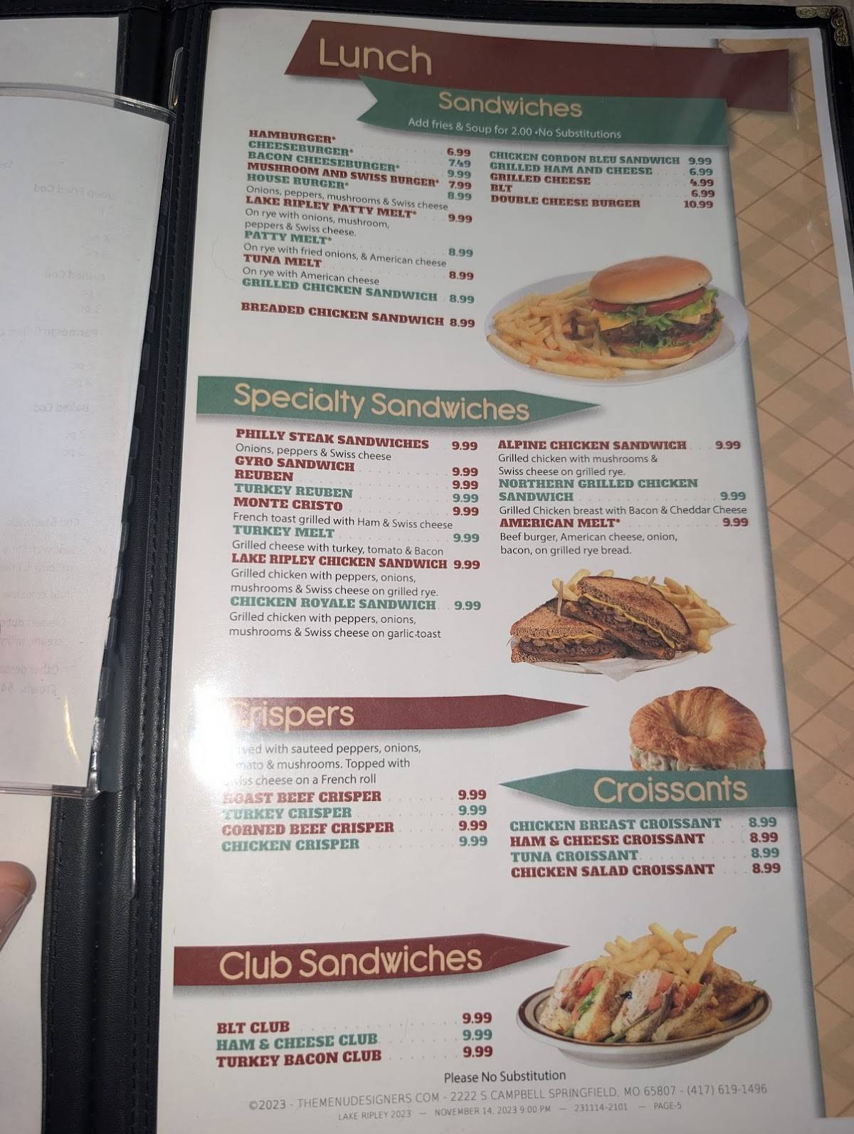 Menu at Lake Ripley Family Restaurant, Cambridge