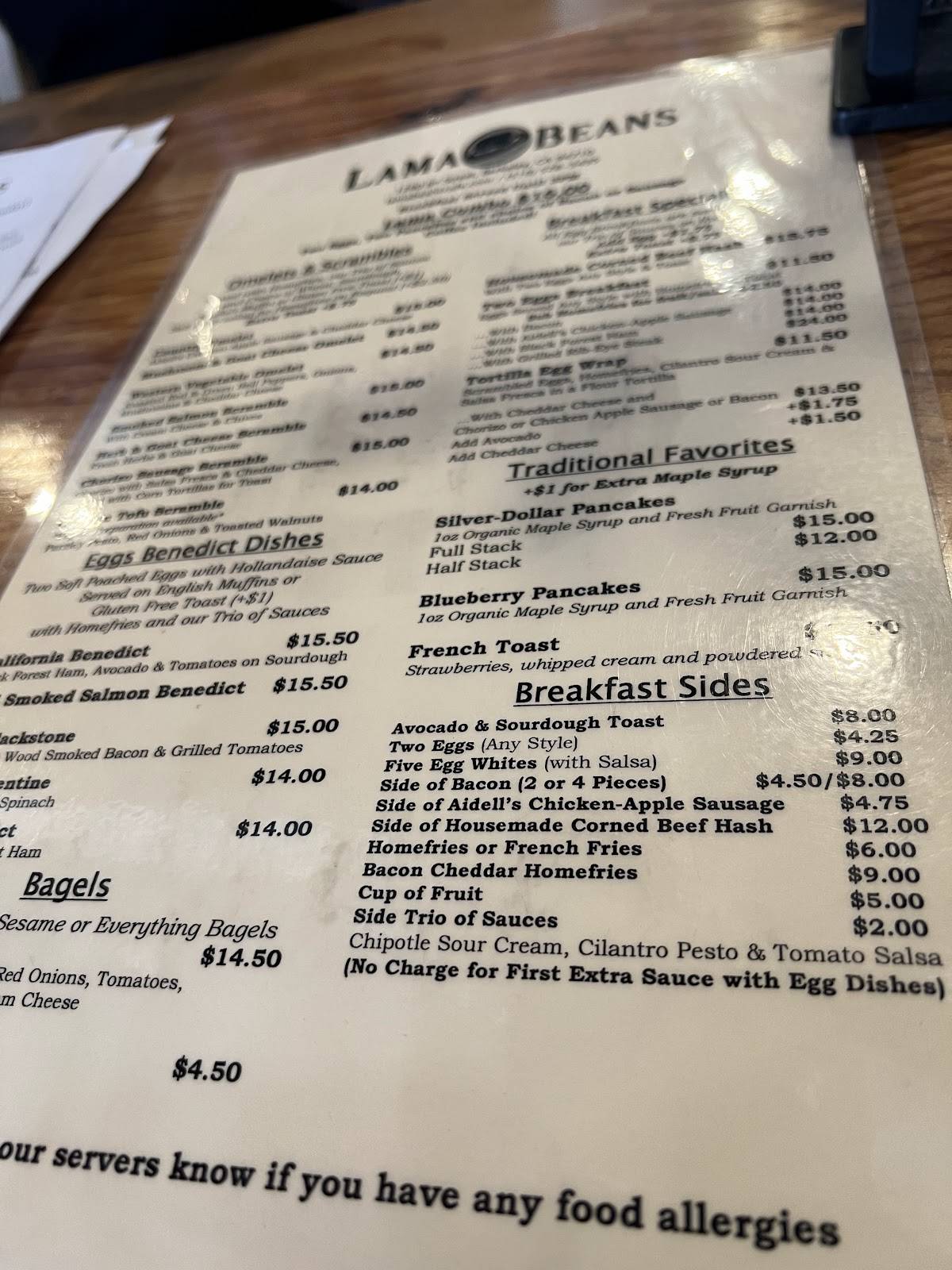 Menu at Lama Beans restaurant, Berkeley